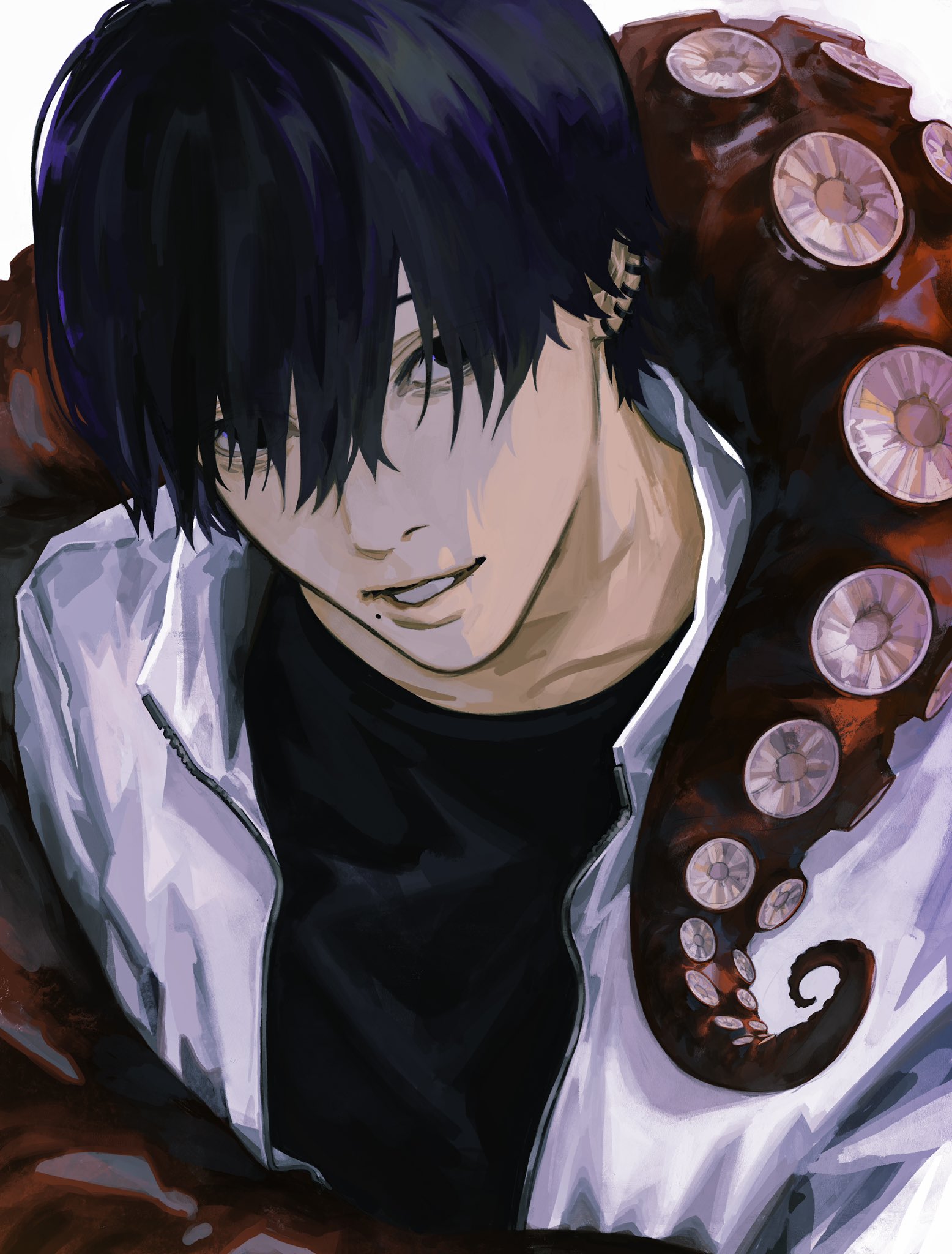 The Big ImageBoard (TBIB) - 1boy bangs black hair black shirt chainsaw ...