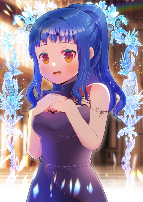 The Big Imageboard Tbib 1girl D Bangs Bare Arms Bare Shoulders Black Dress Blue Hair Blurry