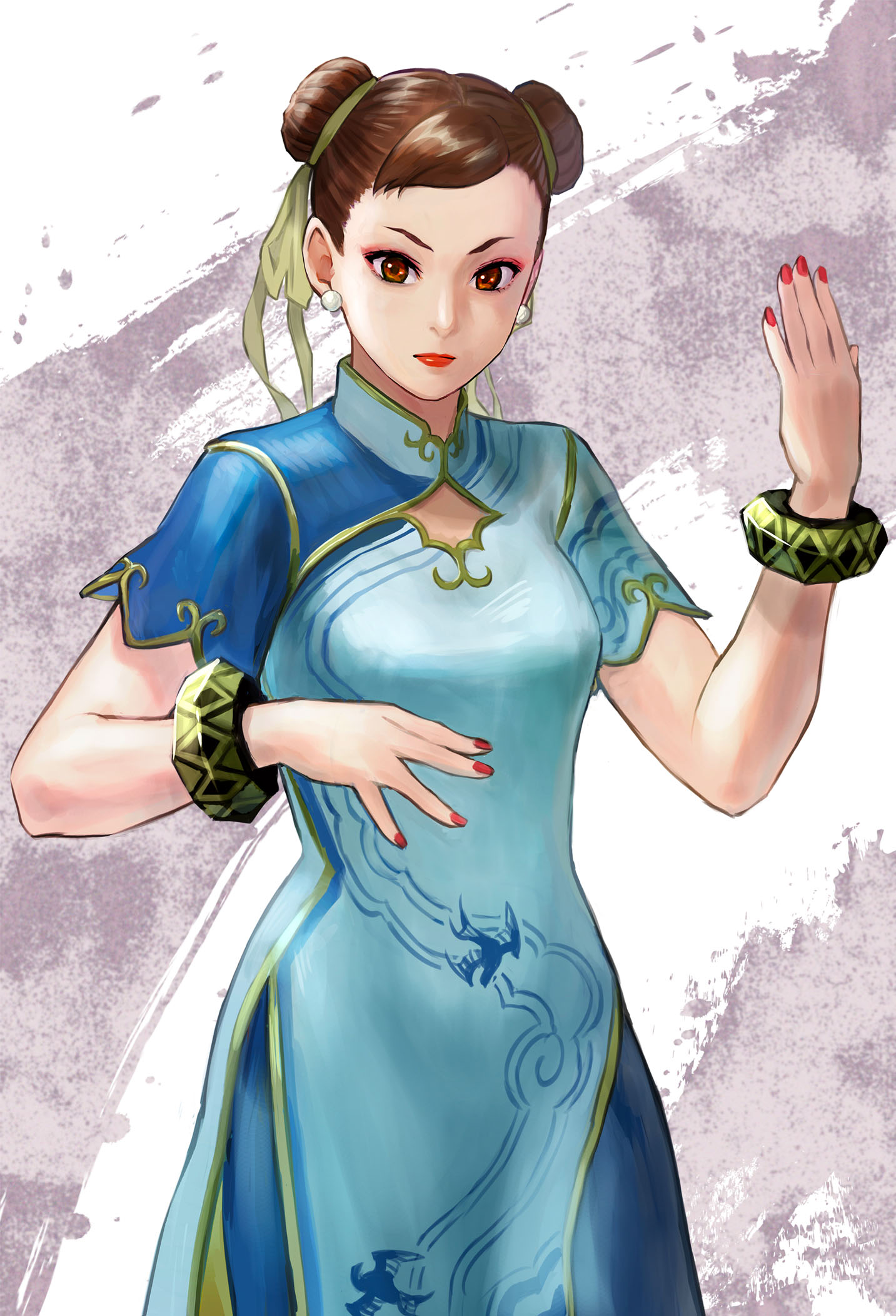 The Big ImageBoard (TBIB) - 1girl blue dress bracelet breasts brown ...