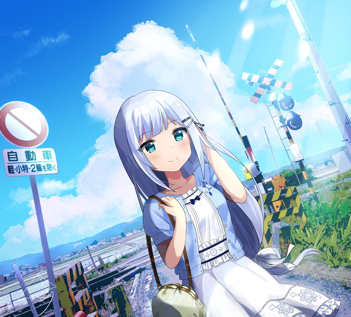 The Big ImageBoard (TBIB) - 1girl adjusting hair bag bangs blue eyes blue shirt blue sky blush ...