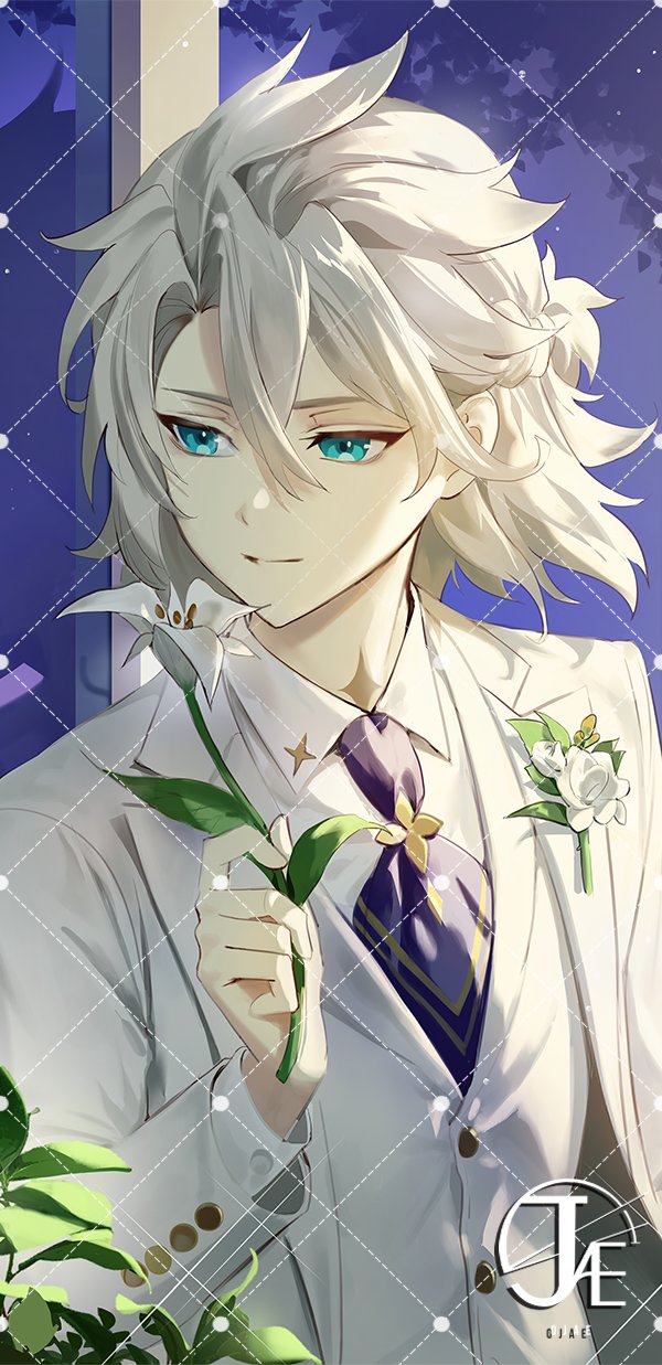 The Big ImageBoard (TBIB) - 0jae 1boy albedo (genshin impact) bangs bishounen blue eyes bouquet ...