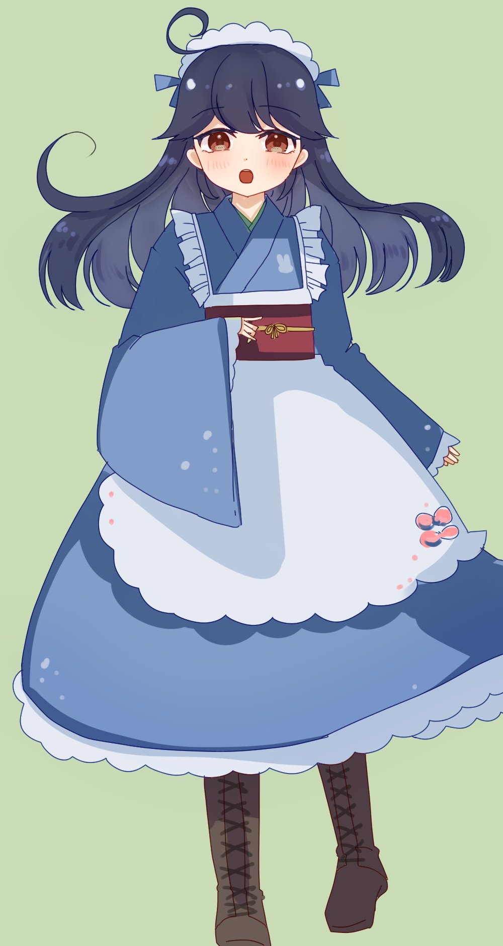 The Big ImageBoard (TBIB) - 1girl ahoge alternate costume apron black hair blue kimono boots ...