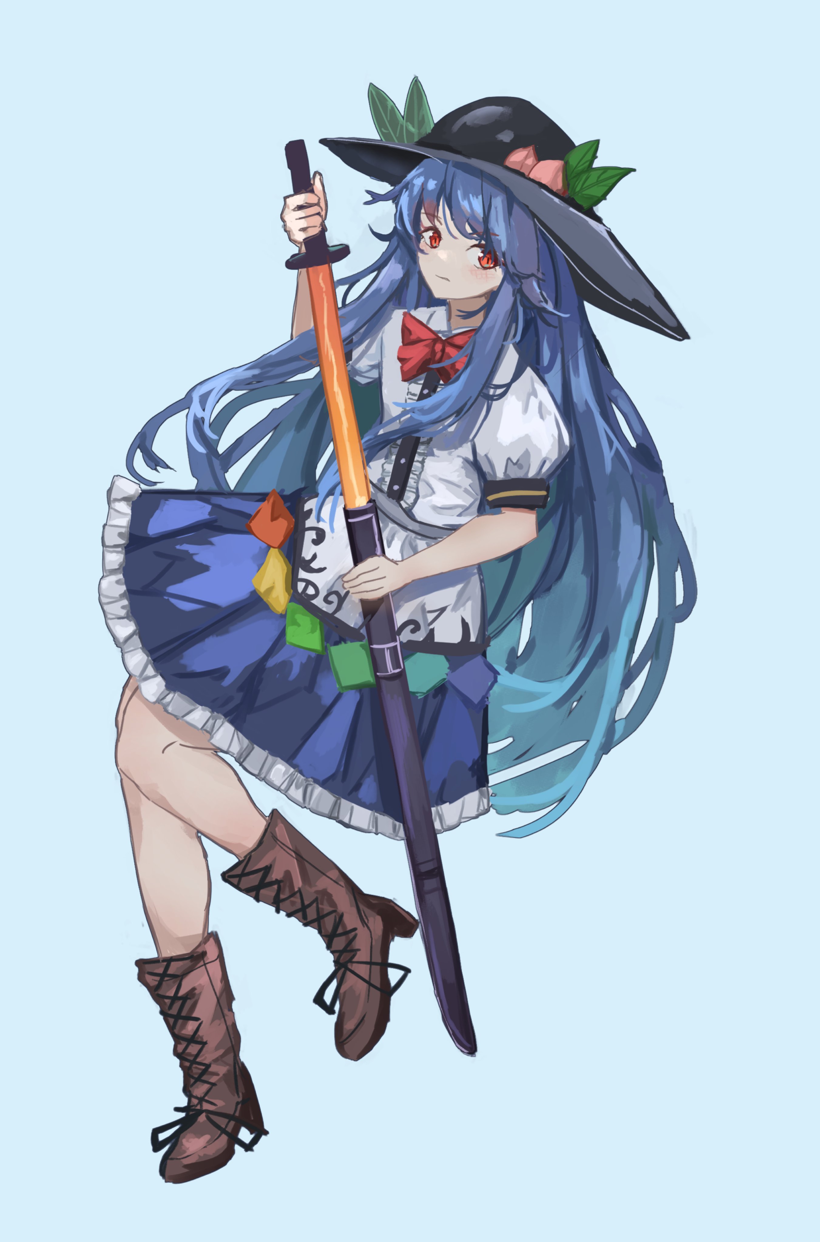 The Big ImageBoard (TBIB) - 1girl absurdres black hat blue background blue hair blue skirt bow ...