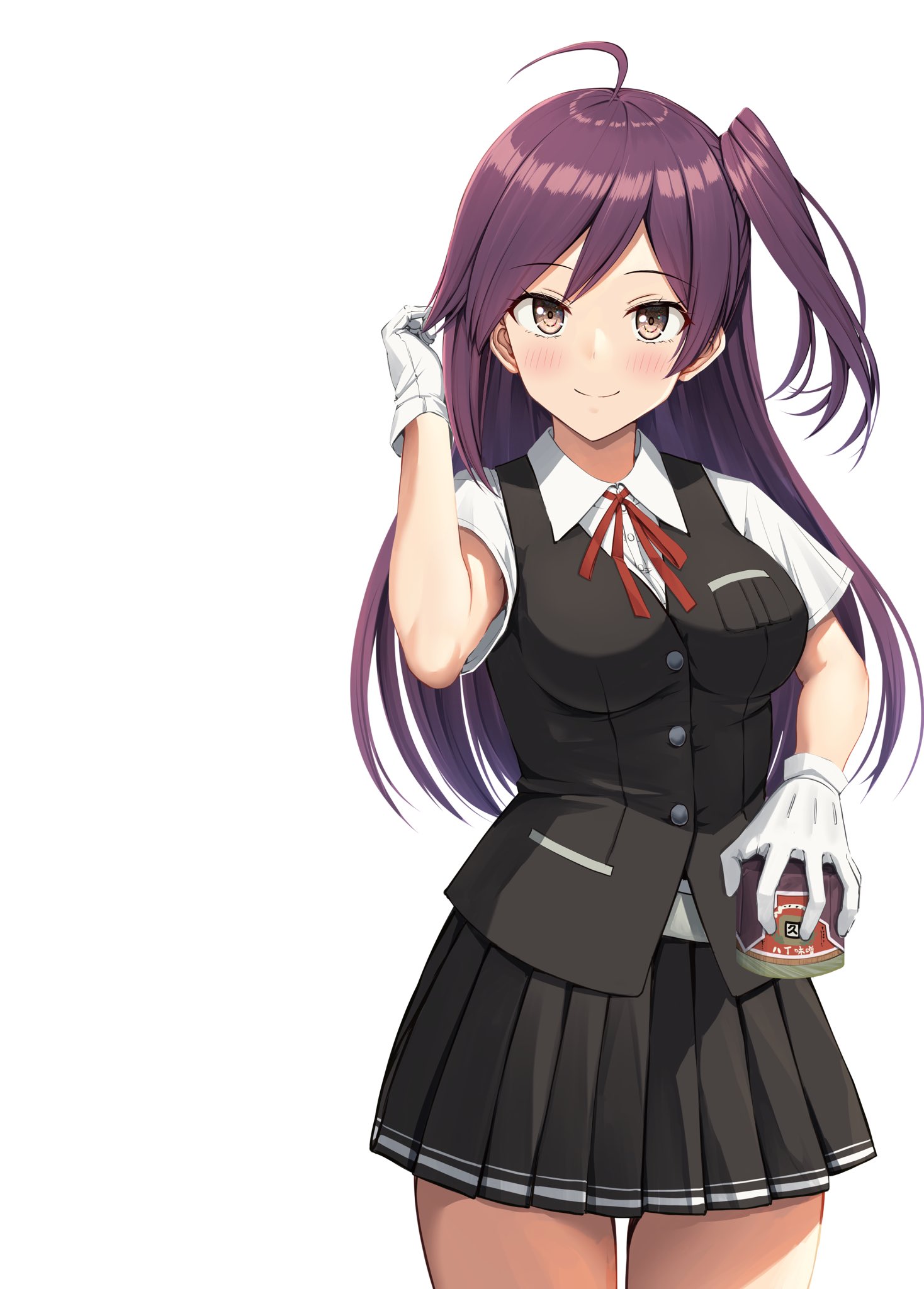 The Big ImageBoard (TBIB) - 1girl ahoge arm up black skirt black vest blush breasts brown eyes ...