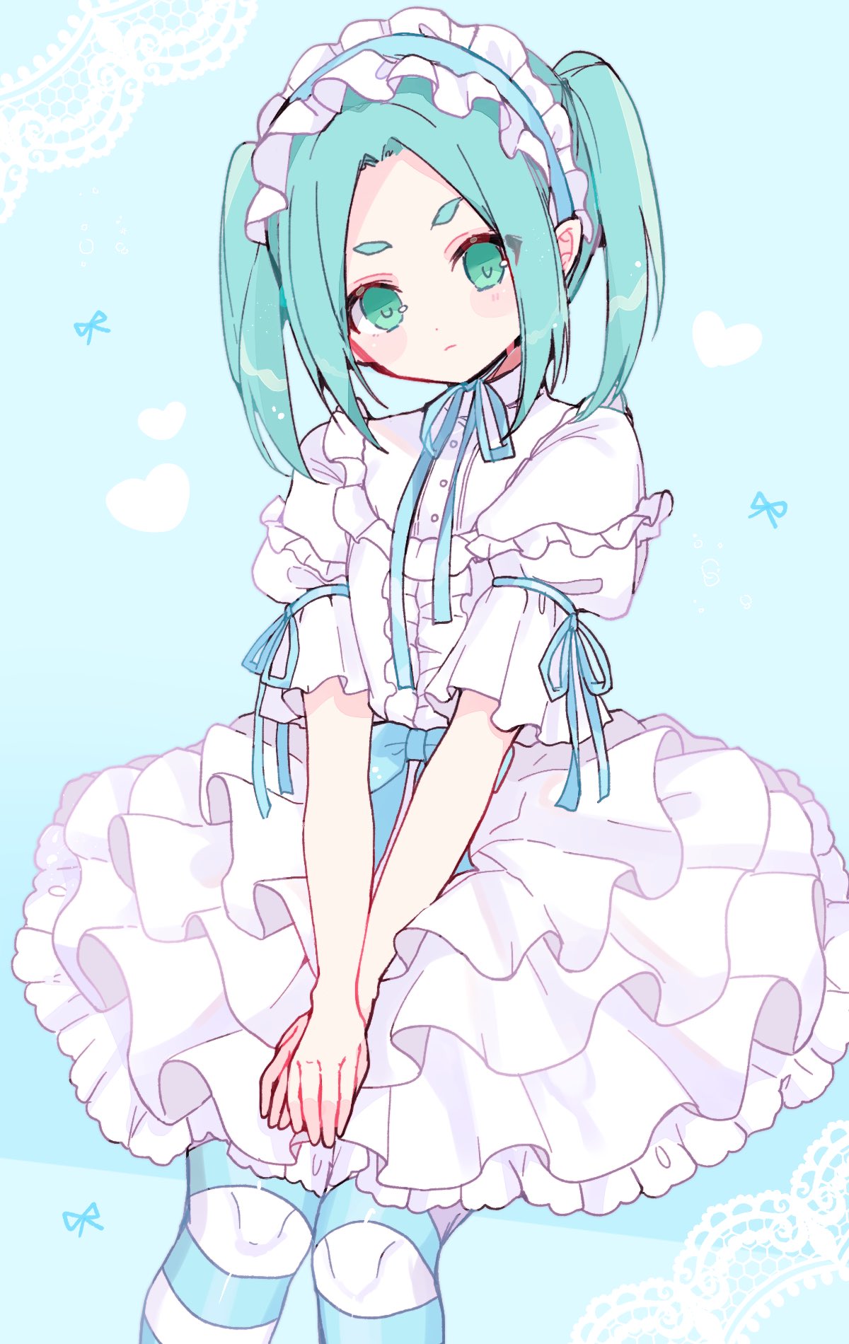 The Big ImageBoard (TBIB) - 1girl aqua hair blue background blue ribbon closed mouth cowboy shot ...