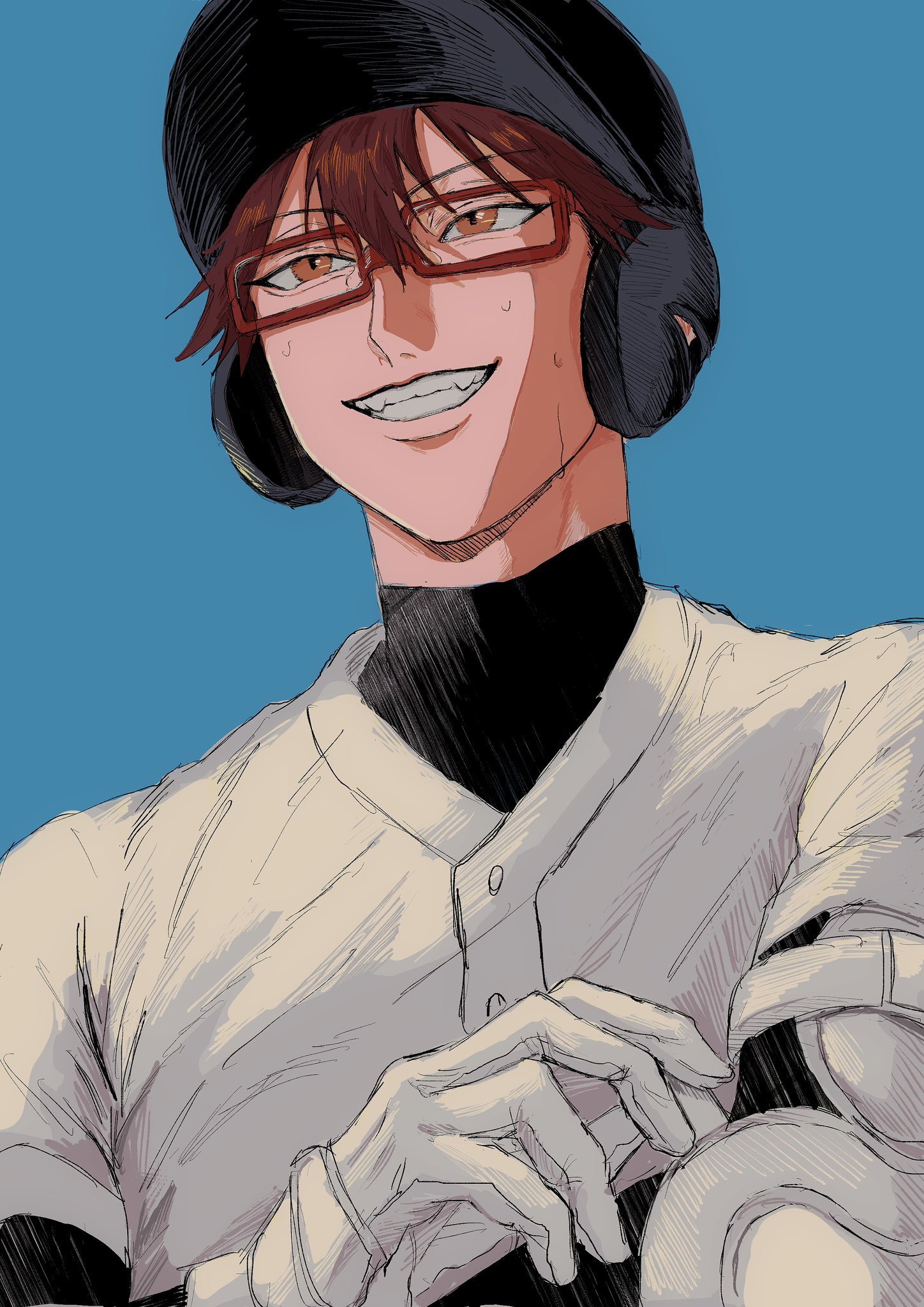 The Big ImageBoard (TBIB) - 1boy arm up baseball helmet black shirt blue background boukyaku ...