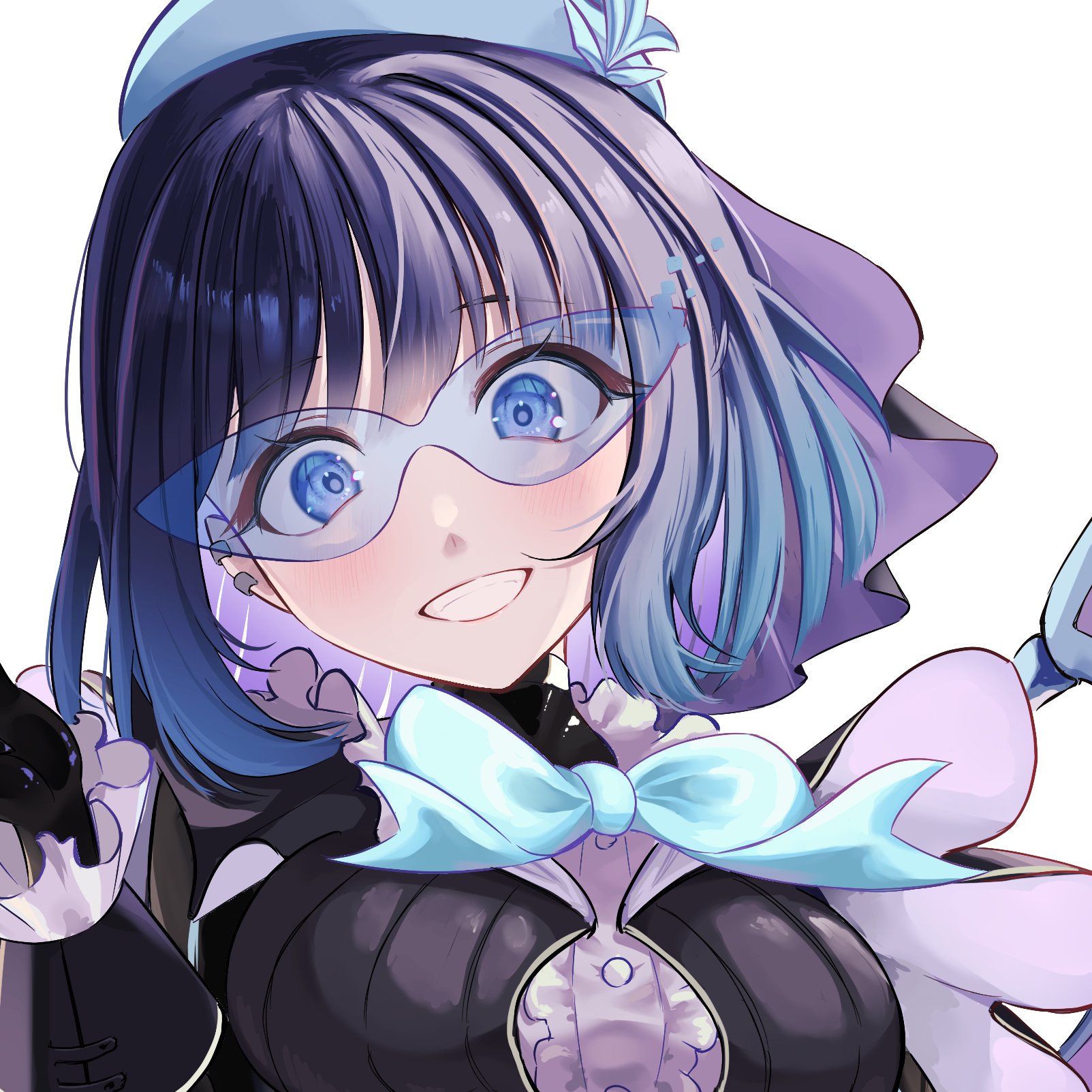 The Big ImageBoard (TBIB) - 1girl blue-tinted eyewear blue eyes blue hair blue hat breasts close ...