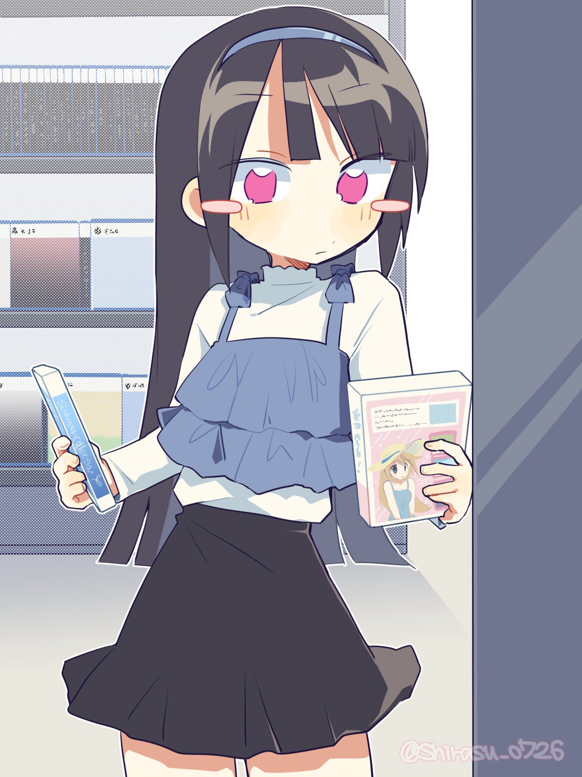 The Big ImageBoard (TBIB) - 1girl black hair black skirt blunt bangs blush stickers box hairband ...