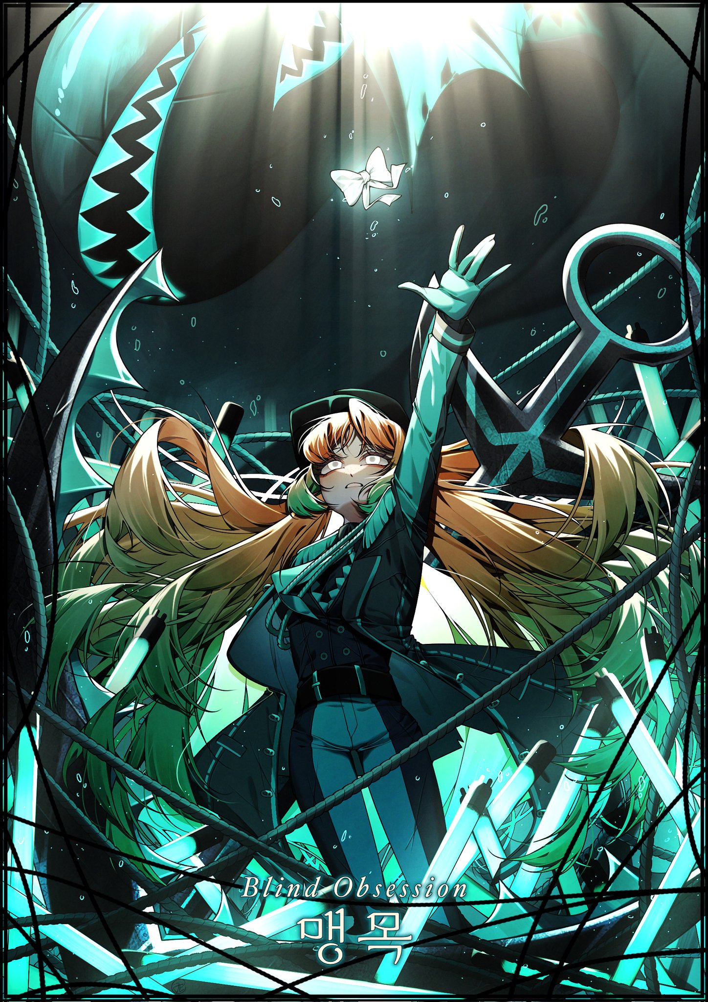 The Big ImageBoard (TBIB) - 1girl aqua gloves aqua necktie aqua pants aqua trim arm up belt ...