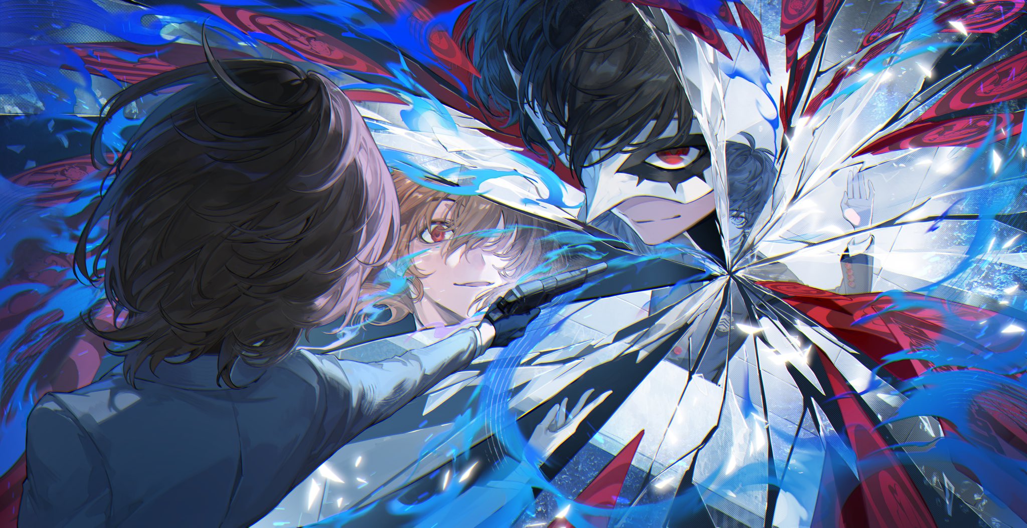 The Big ImageBoard (TBIB) - 2boys aiming akechi gorou amamiya ren black jacket black shorts ...