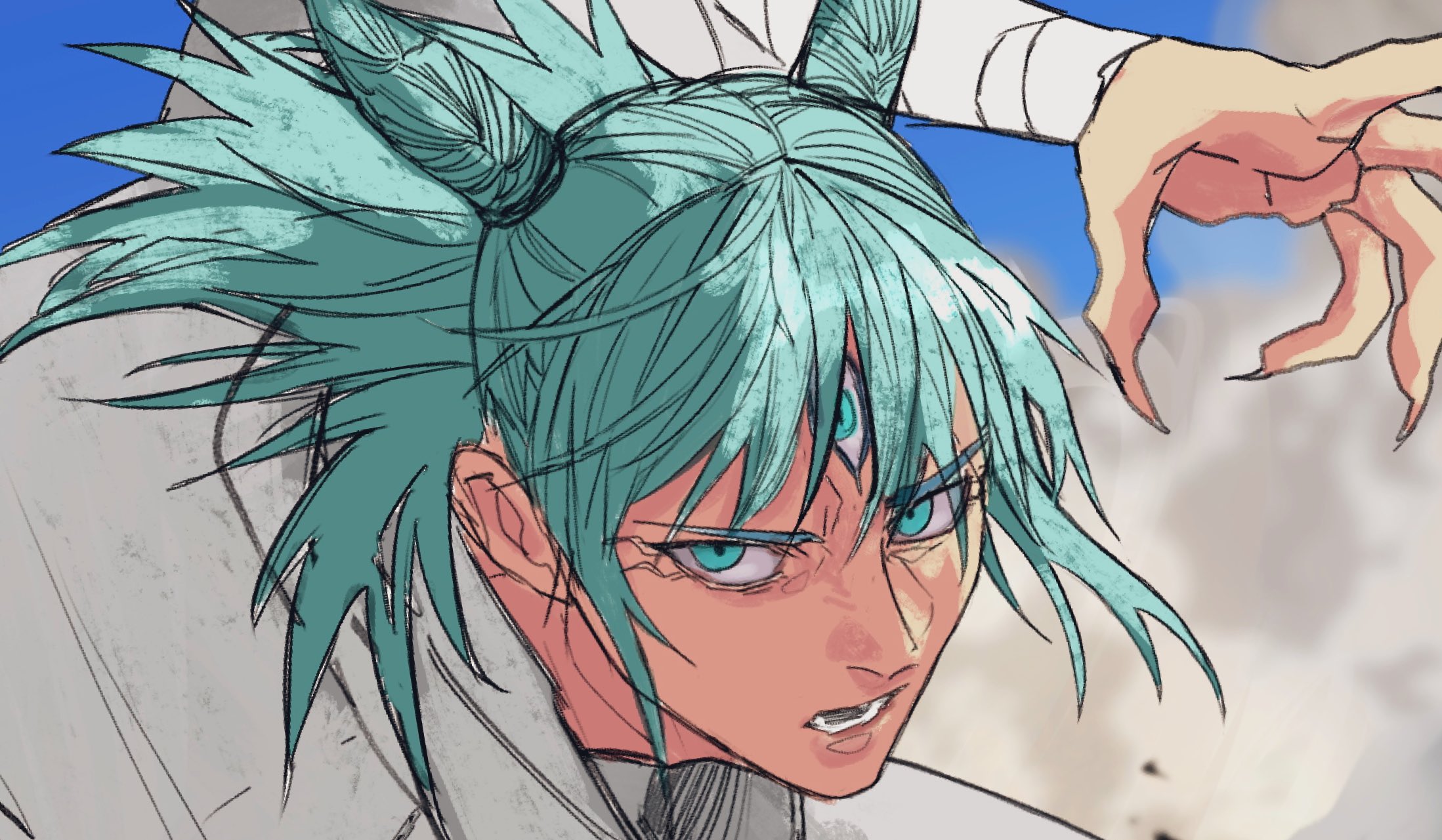 The Big ImageBoard (TBIB) - 1boy aqua hair arm up blue background blue ...