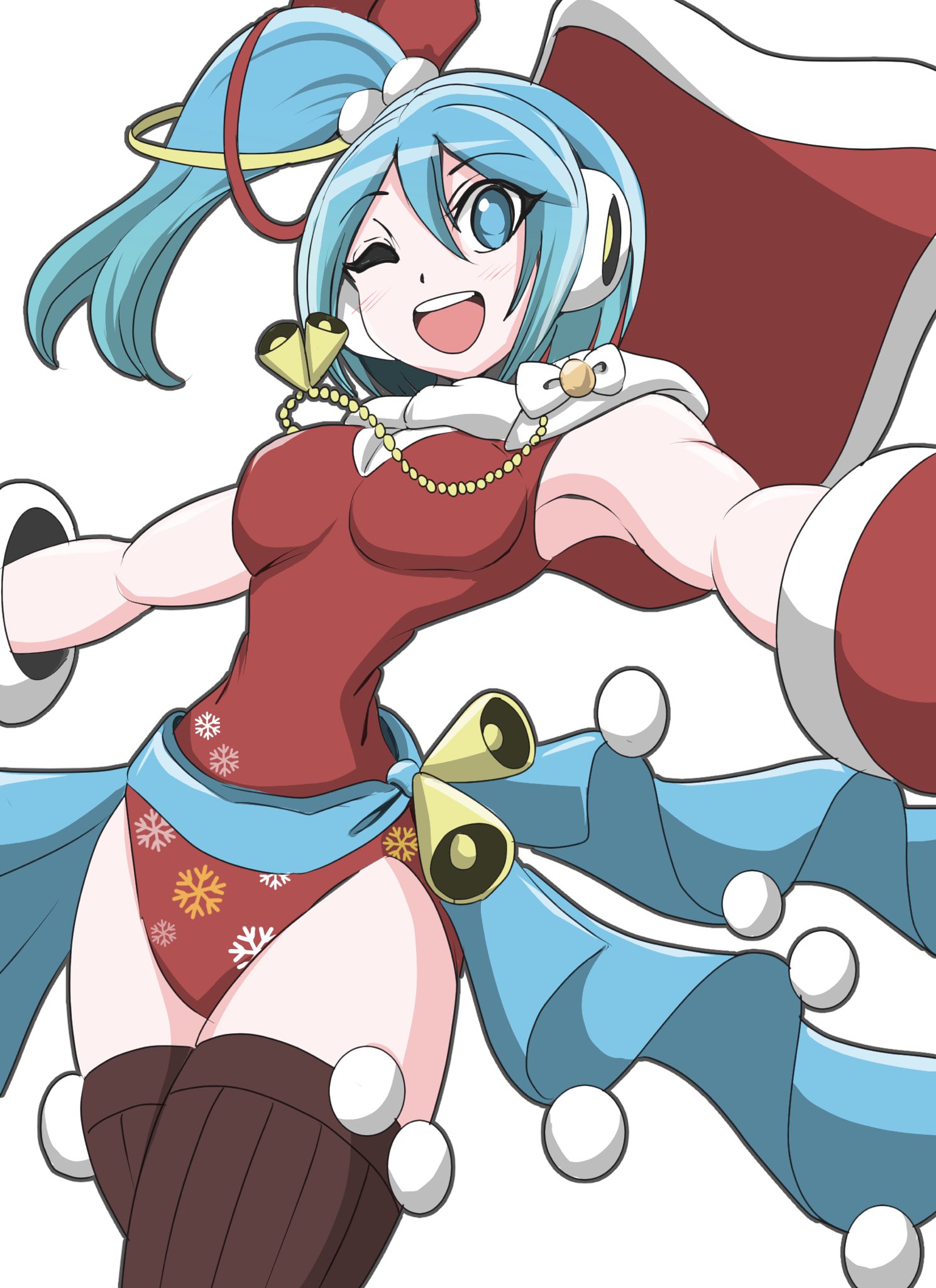 The Big ImageBoard (TBIB) - 1girl ;d aqua eyes aqua hair armpits bell brown thighhighs cape hair ...