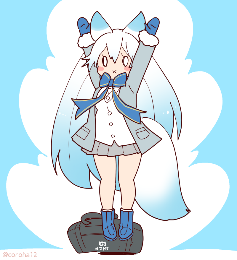 The Big ImageBoard (TBIB) - 1girl animal ears arms up bag blue background blue hair boots bow ...