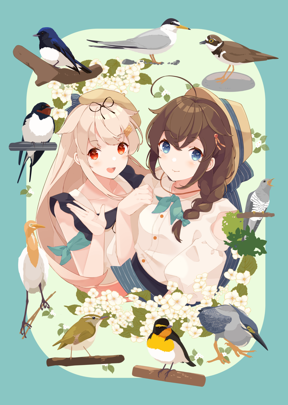 The Big ImageBoard (TBIB) - 2girls ahoge alternate costume barn swallow beret bird black ribbon ...
