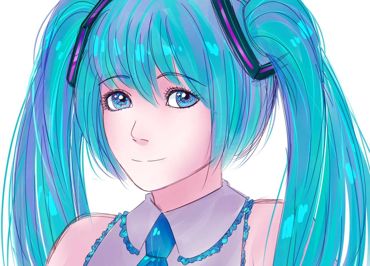 The Big ImageBoard (TBIB) - 1girl aqua hair bare shoulders blue eyes blue necktie closed mouth ...