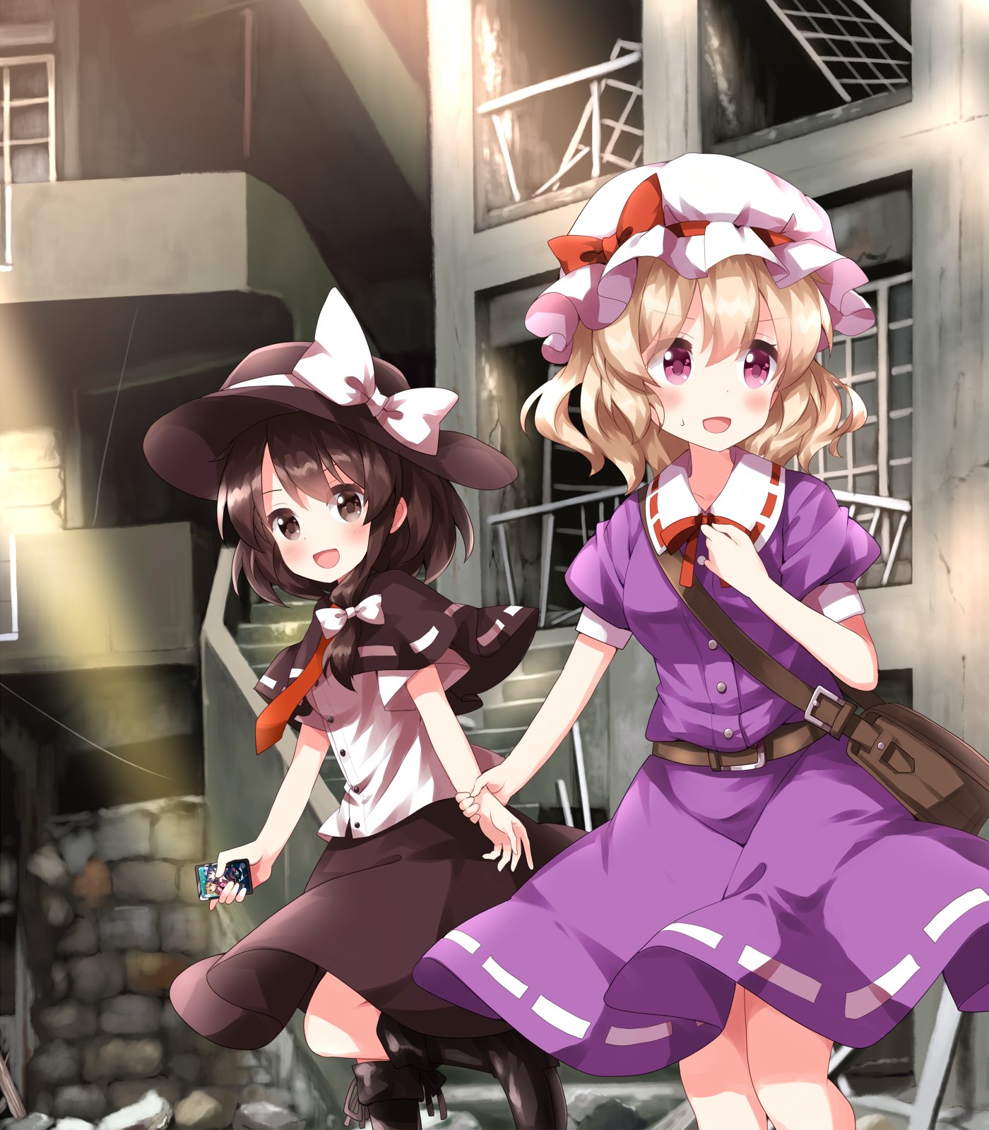 The Big ImageBoard (TBIB) - 2girls bag belt black capelet black footwear black headwear black ...