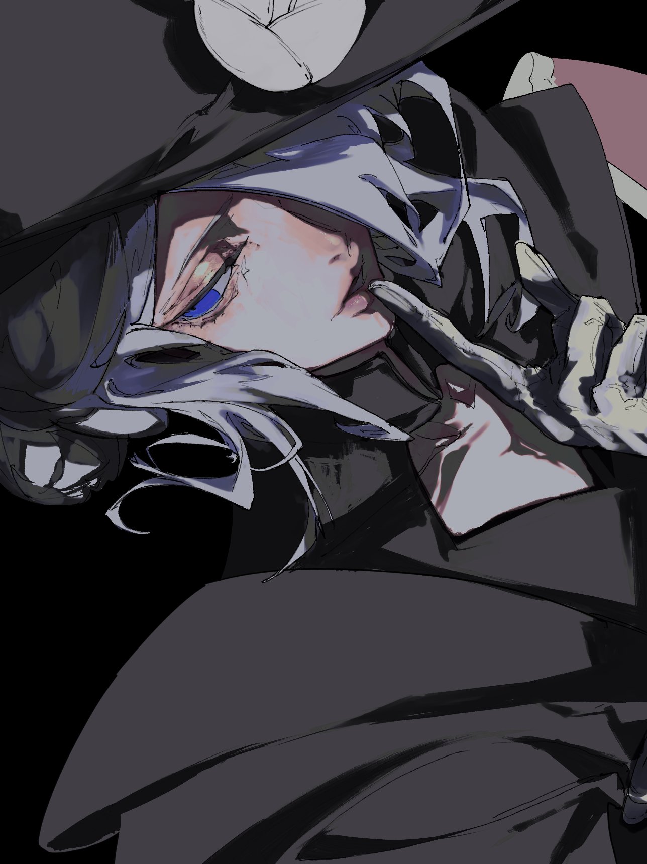 The Big ImageBoard (TBIB) - 1girl bangs black background black dress black headwear blue eyes ...