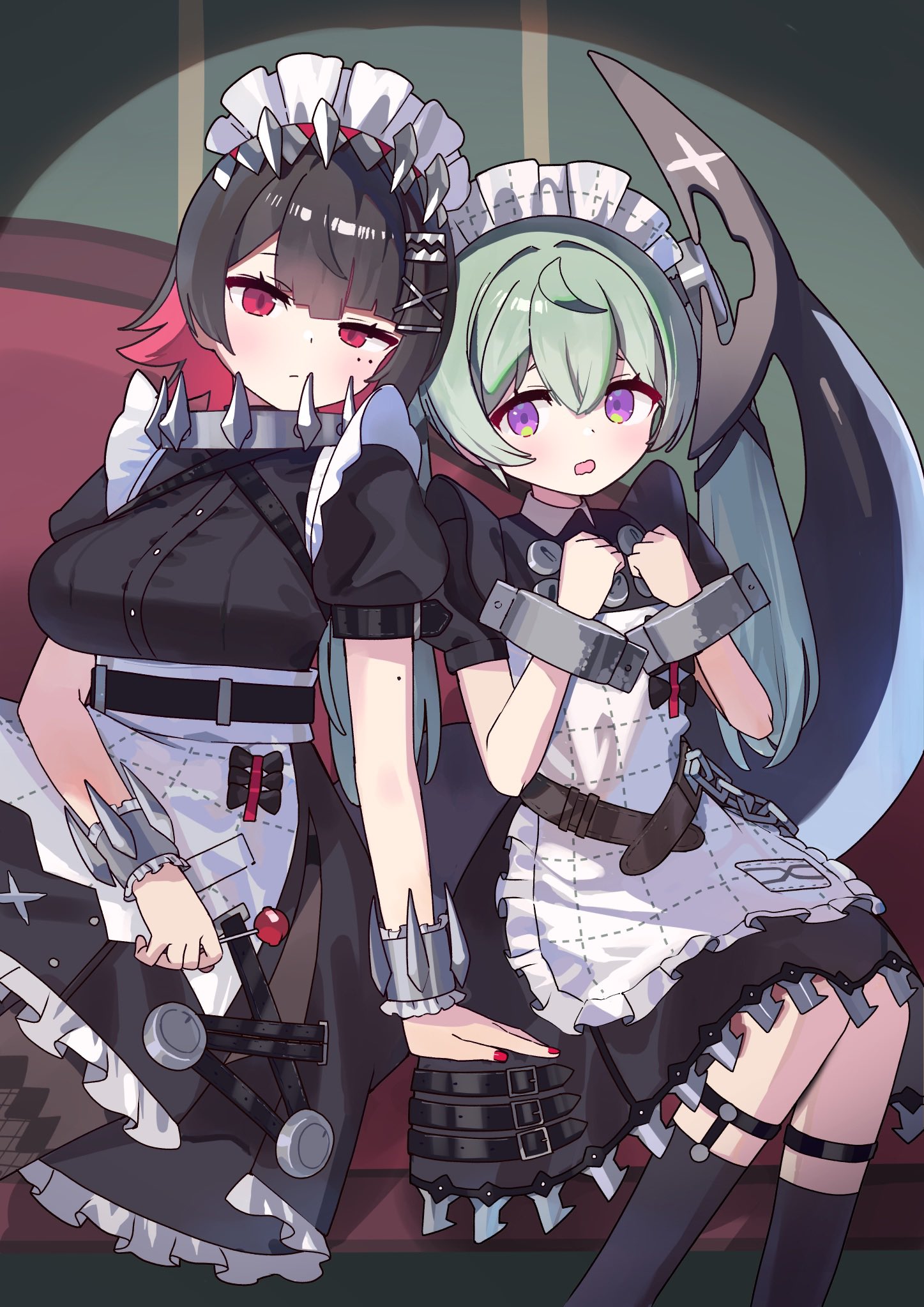 The Big ImageBoard (TBIB) - 2girls apron black dress black hair blush breasts candy colored ...