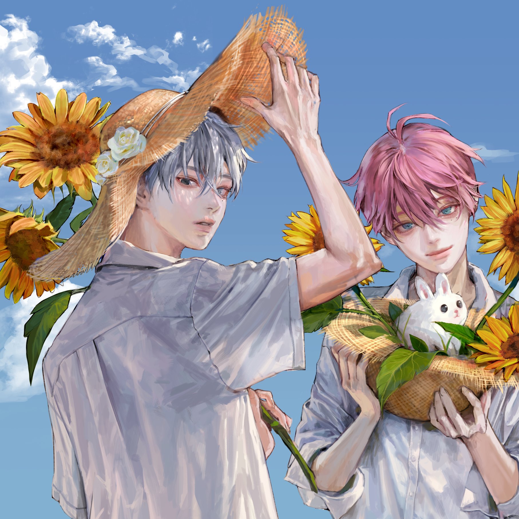 The Big ImageBoard (TBIB) - 2boys animal ateli er bishounen blue eyes cloud cloudy sky flower ...