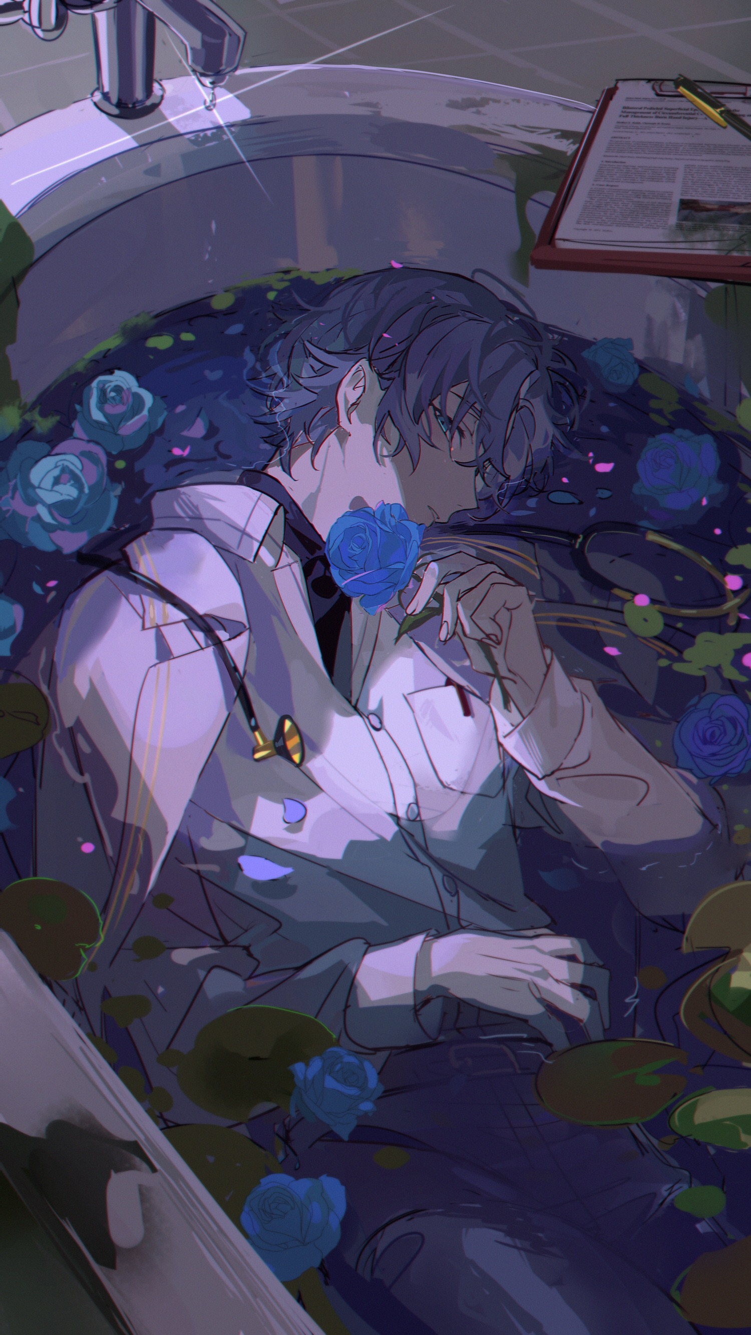 The Big ImageBoard (TBIB) - 1boy absurdres bathtub bishounen blue eyes blue flower blue hair ...