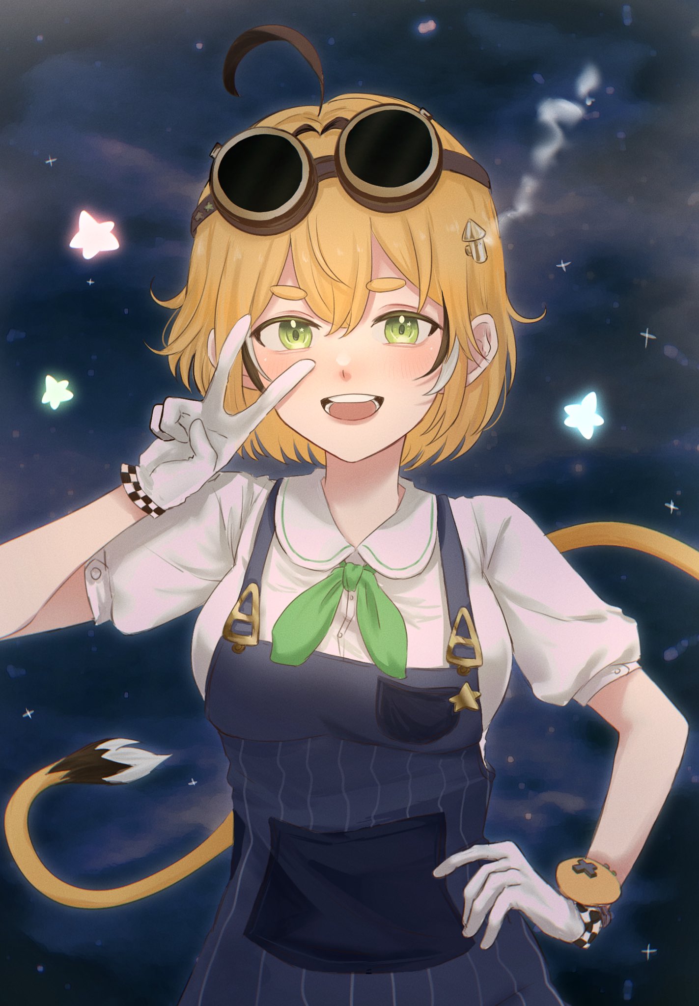 The Big ImageBoard (TBIB) - 1girl :d ahoge blonde hair blue overalls breasts commentary dooby ...