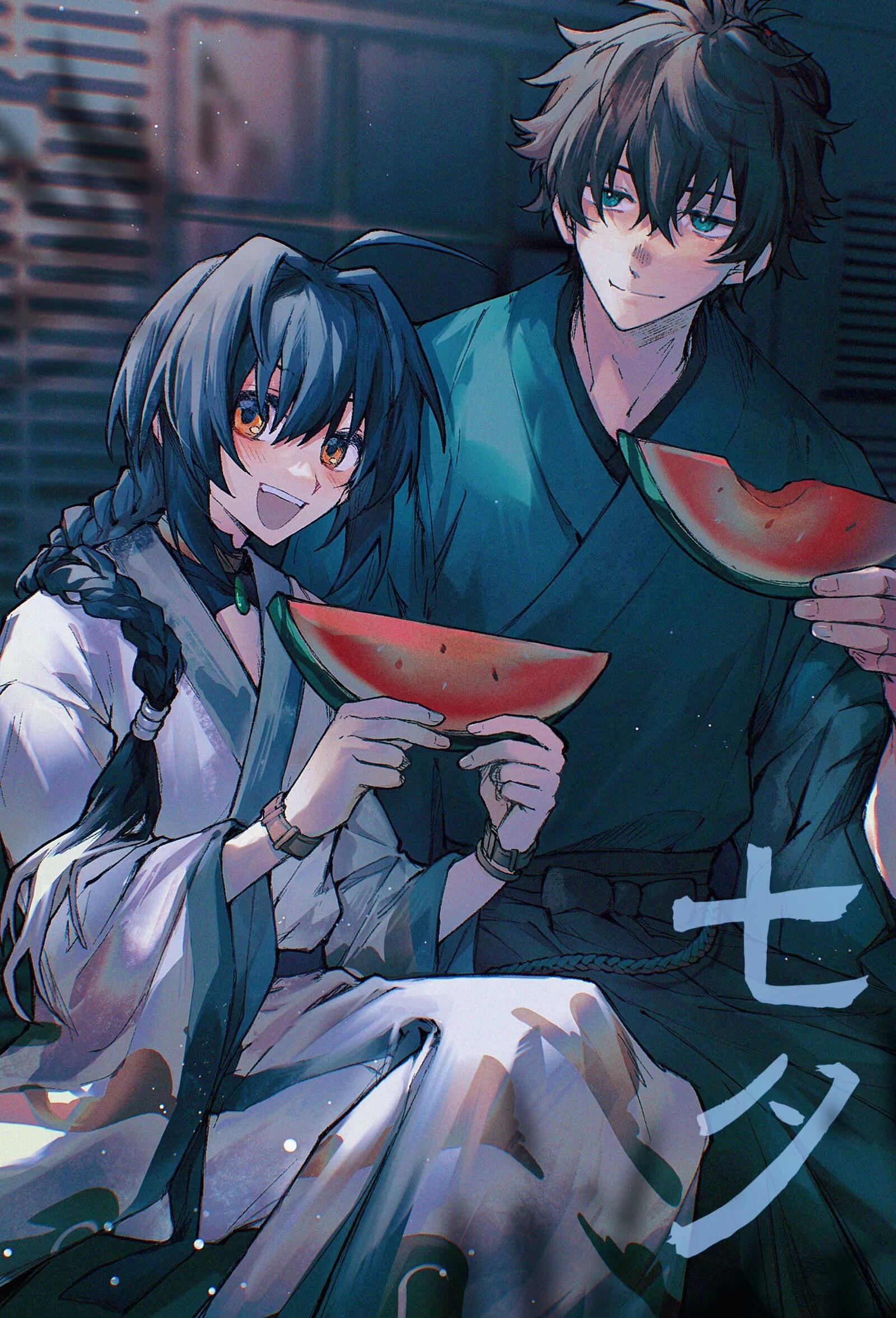 The Big ImageBoard (TBIB) - 1boy 1other ahoge androgynous black hair blue eyes blue kimono blush ...