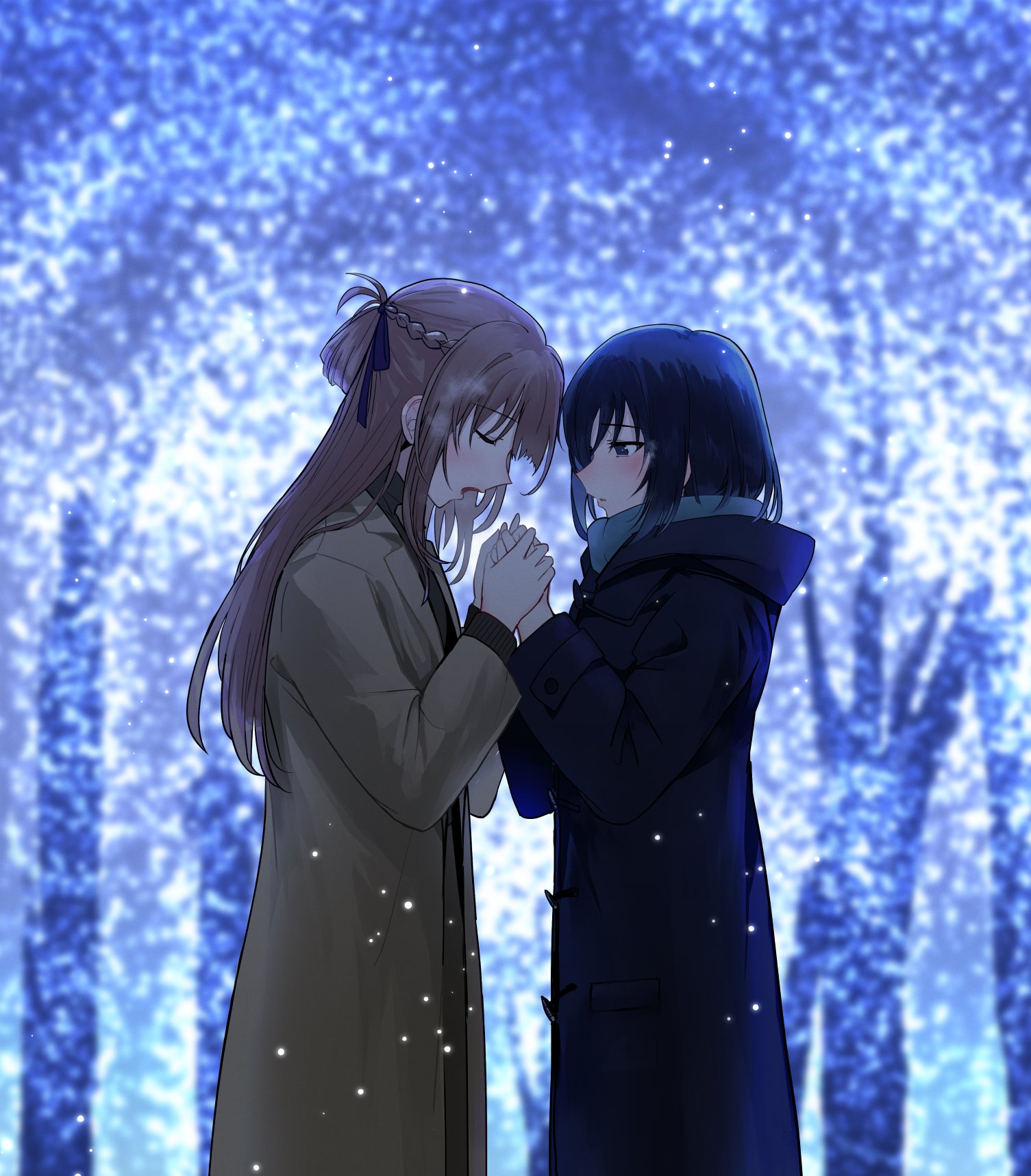 The Big ImageBoard (TBIB) - 2girls black coat black hair blue eyes blue scarf brown coat brown ...
