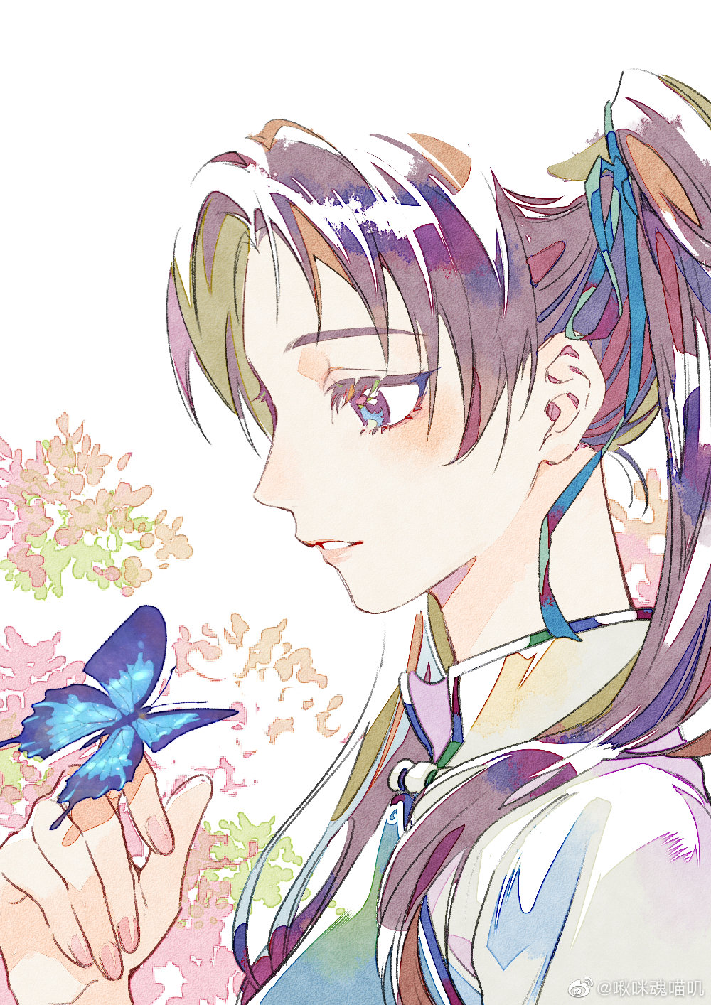 The Big ImageBoard (TBIB) - 1girl blue dress blue eyes blush brown hair bug butterfly dress ...