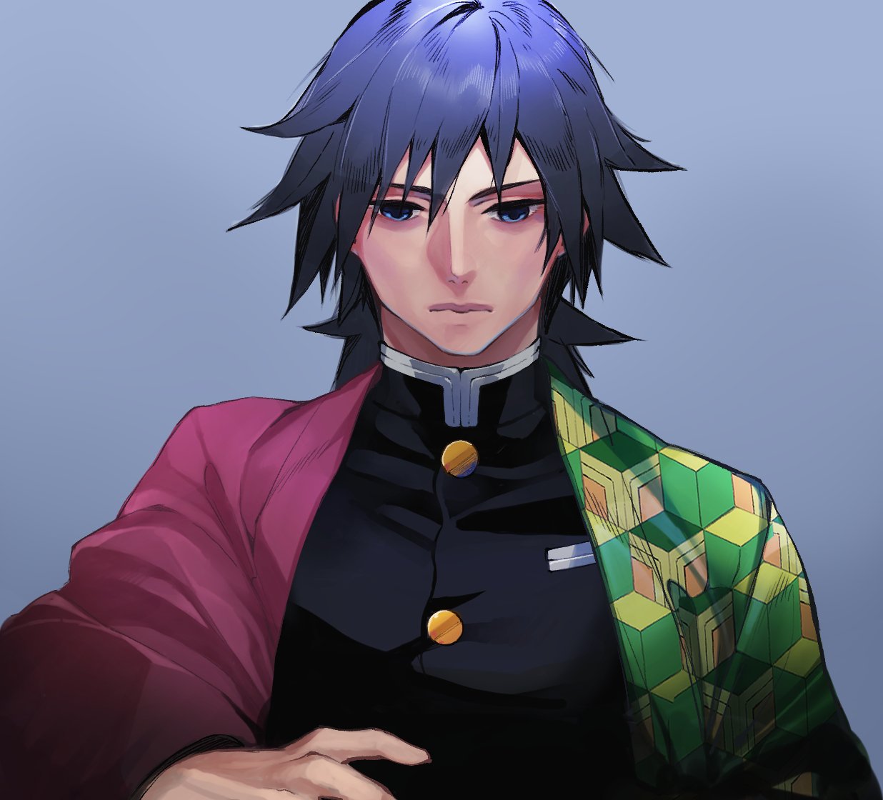 The Big ImageBoard (TBIB) - 1boy black hair black jacket blue background blue eyes blue hair ...