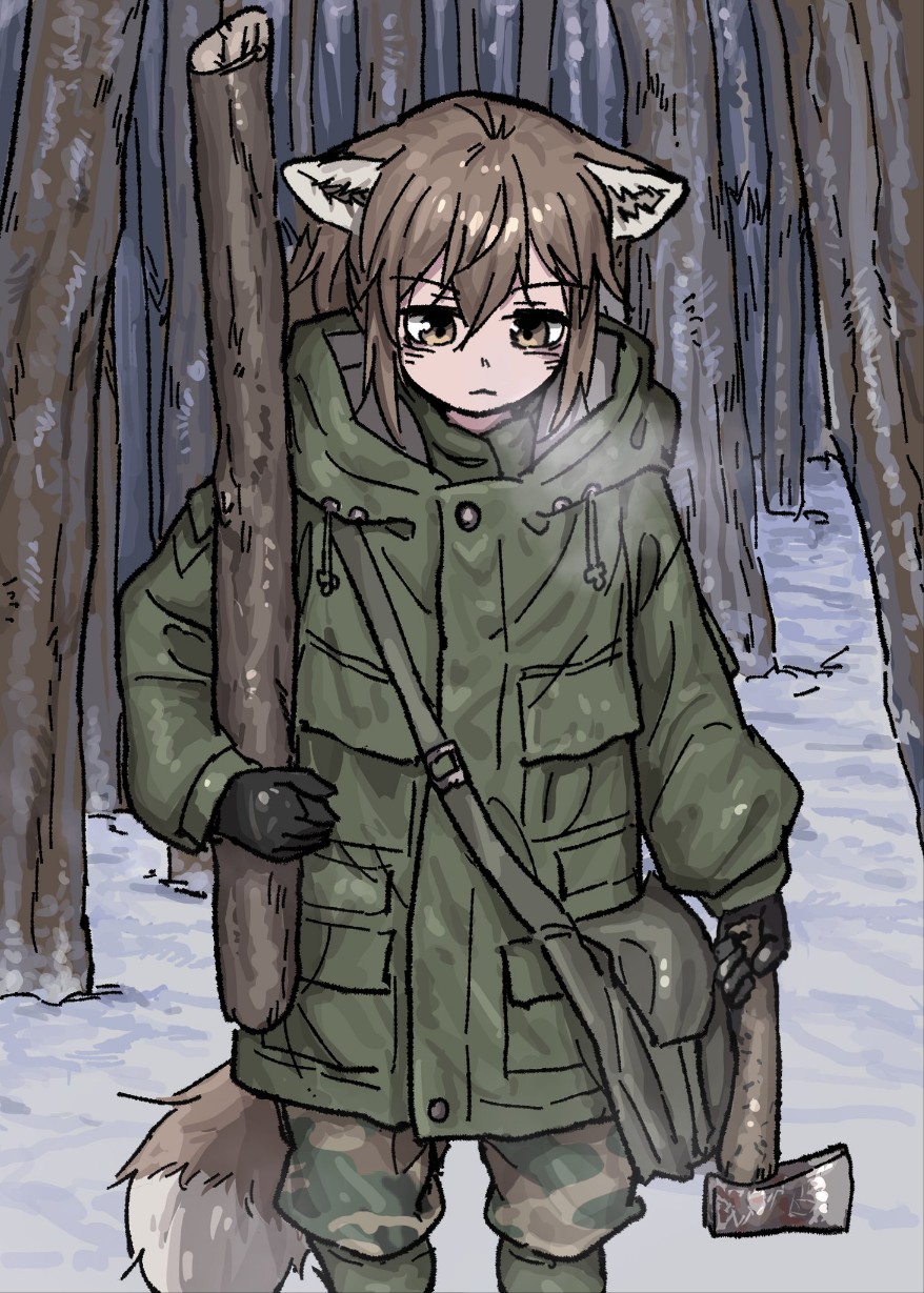 The Big ImageBoard (TBIB) - 1girl animal ears axe bag boots breath brown eyes brown hair buttons ...