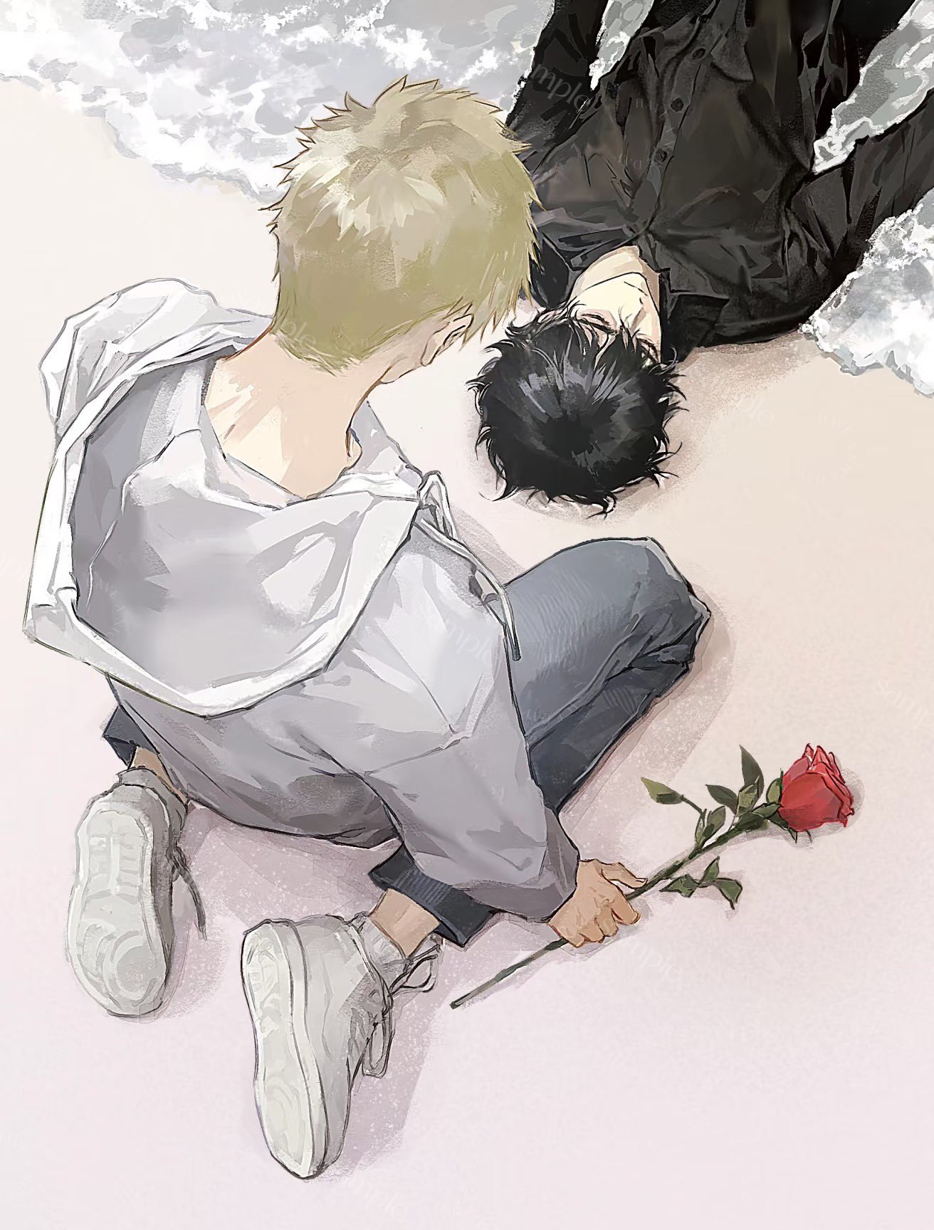 The Big ImageBoard (TBIB) - 2boys akeuraji tsukasa beach black hair black shirt closed eyes ...