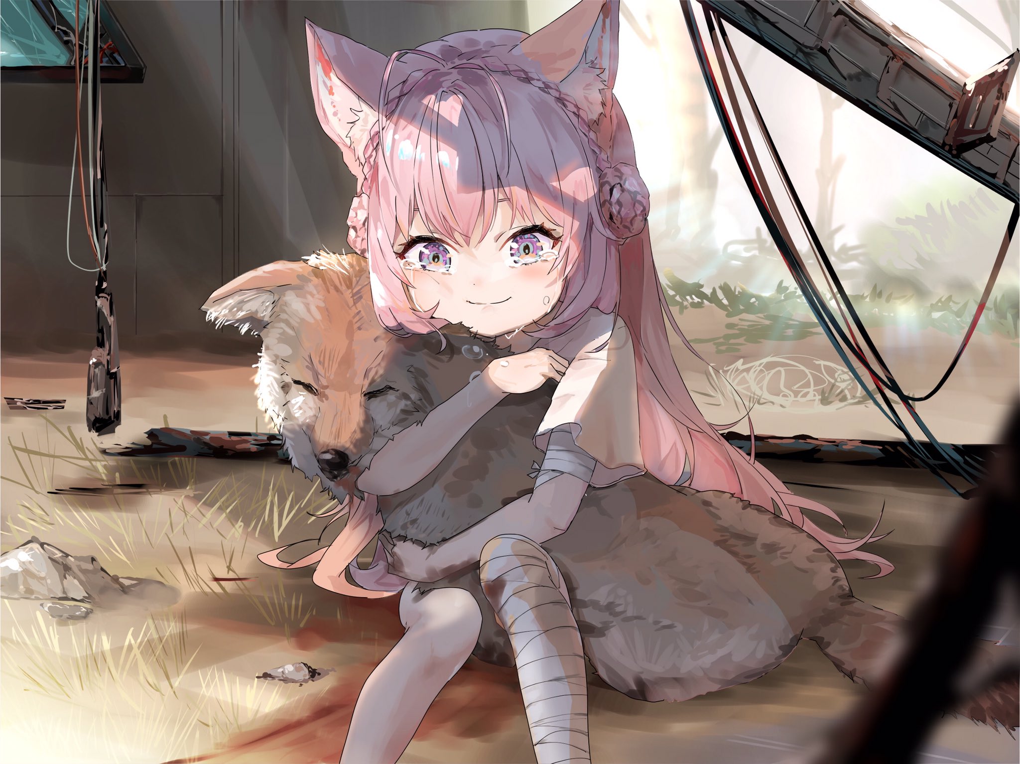 The Big ImageBoard (TBIB) - 1girl ahoge animal animal ear fluff animal hug bandaged arm bandaged ...