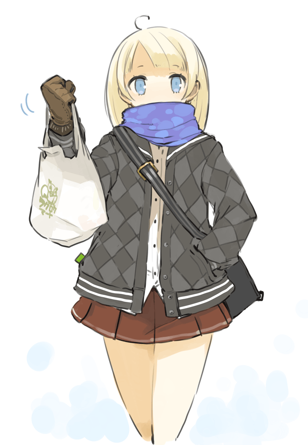 The Big ImageBoard (TBIB) - 1girl ahoge argyle clothes argyle sweater arm up bag blonde hair ...