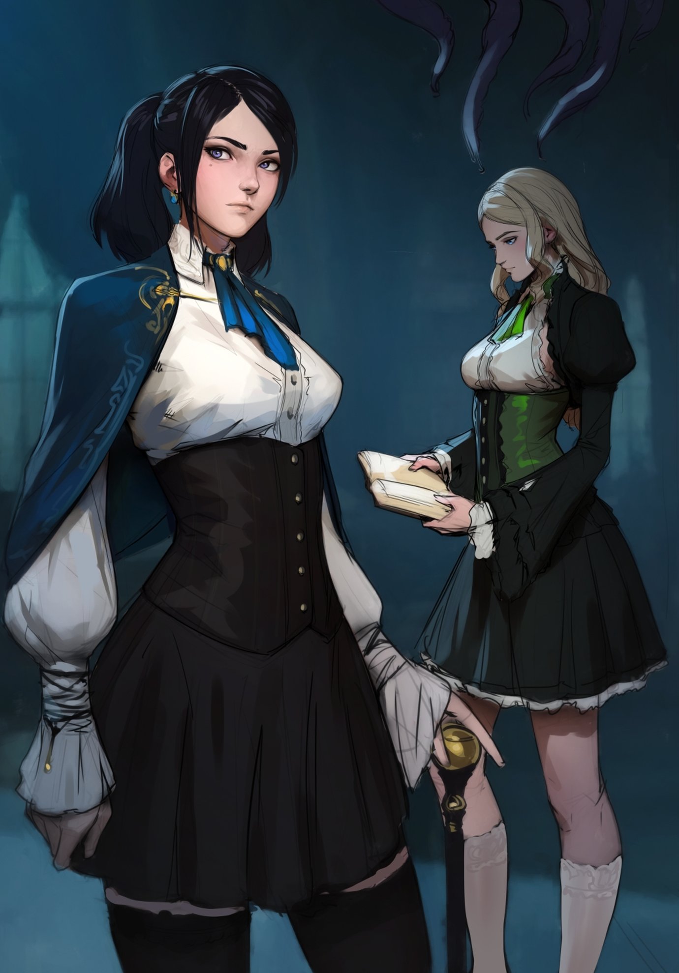 The Big ImageBoard (TBIB) - 2girls ascot black hair black skirt black thighhighs blonde hair ...