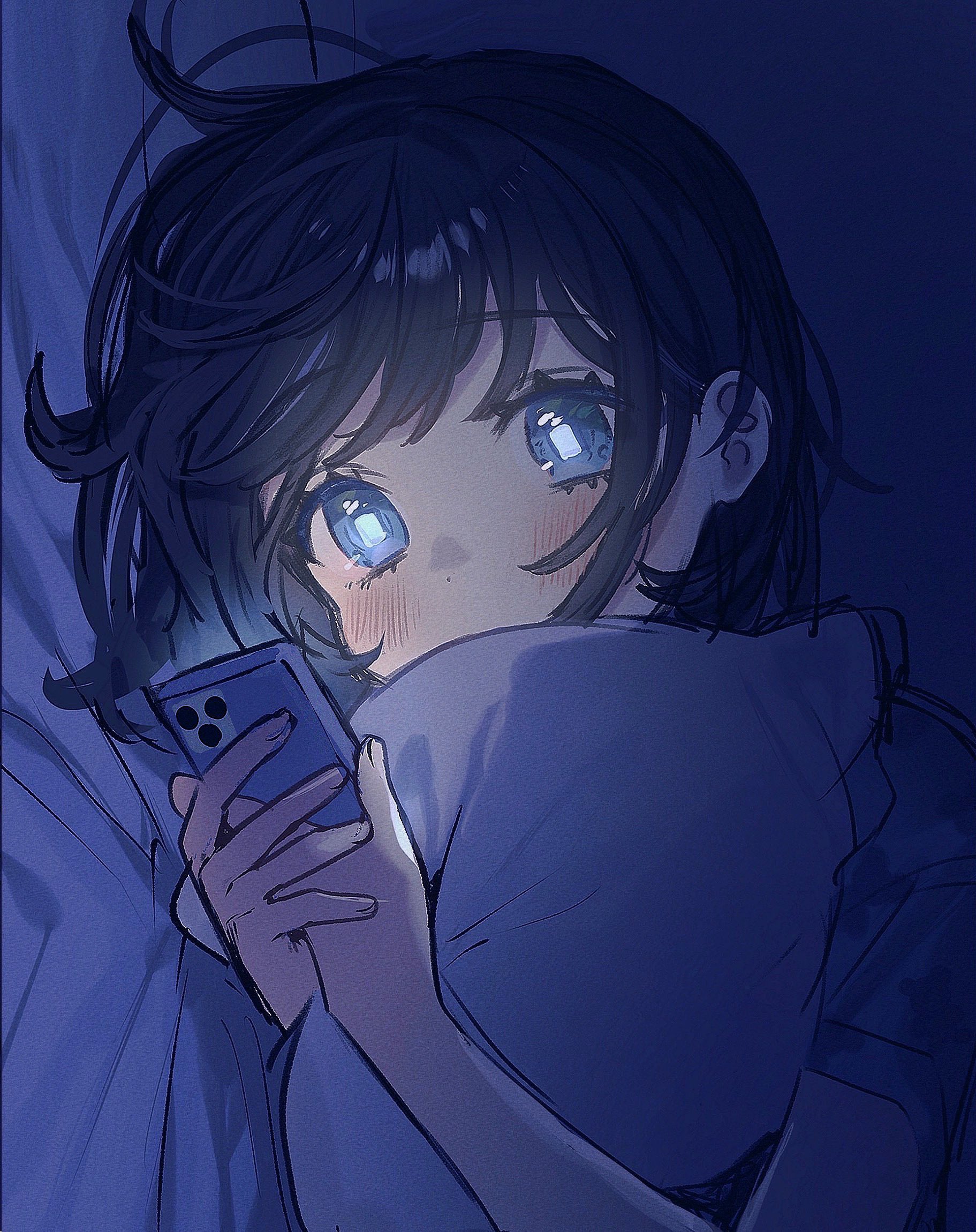 The Big ImageBoard (TBIB) - 1girl black hair blue eyes blush cellphone commentary dark glowing ...