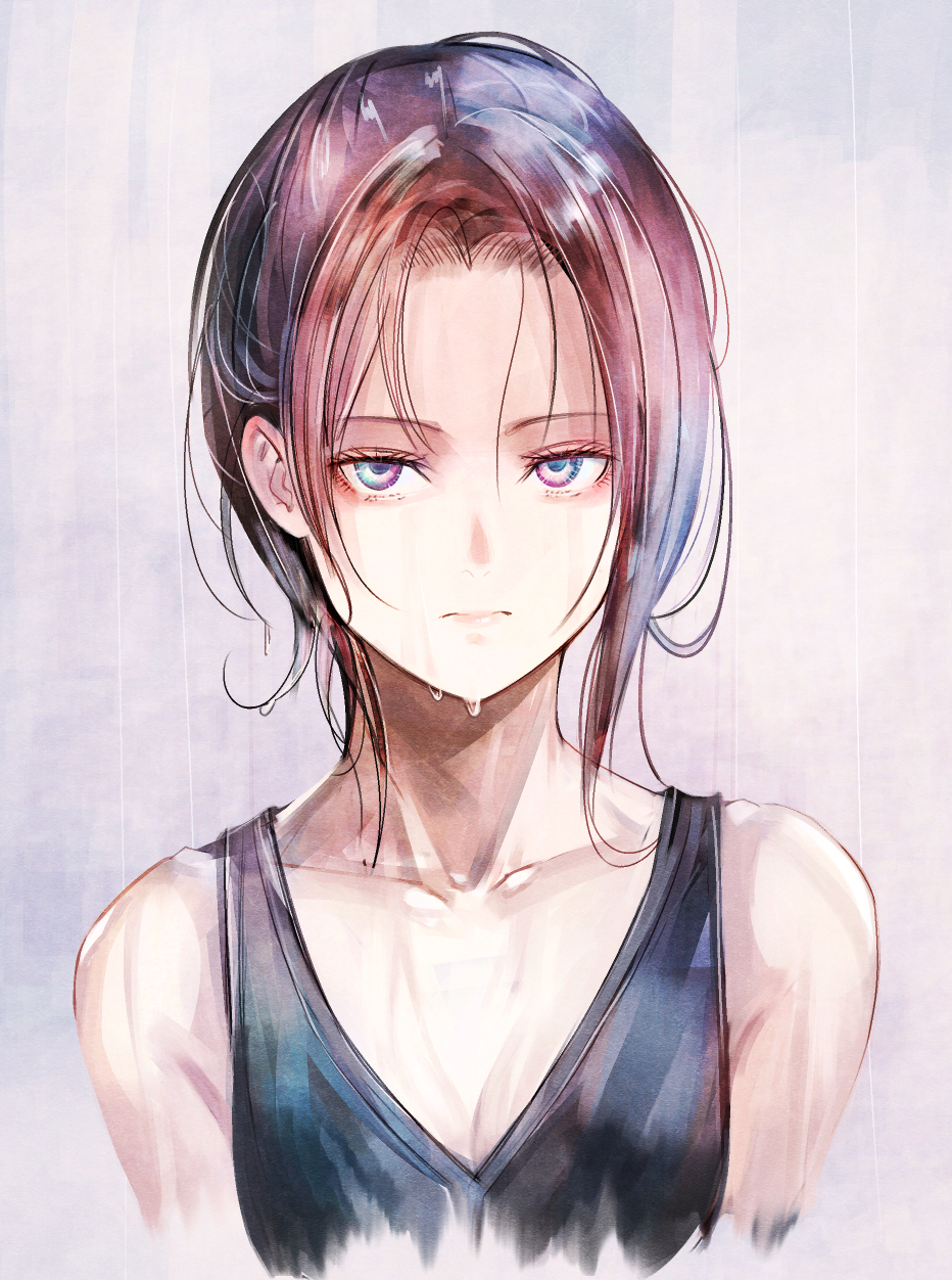 The Big ImageBoard (TBIB) - 1girl black shirt blue eyes breasts cleavage closed mouth collarbone ...