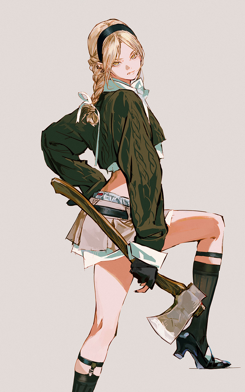 The Big ImageBoard (TBIB) - 1girl axe belt bow braid fingerless gloves gloves headband highres ...