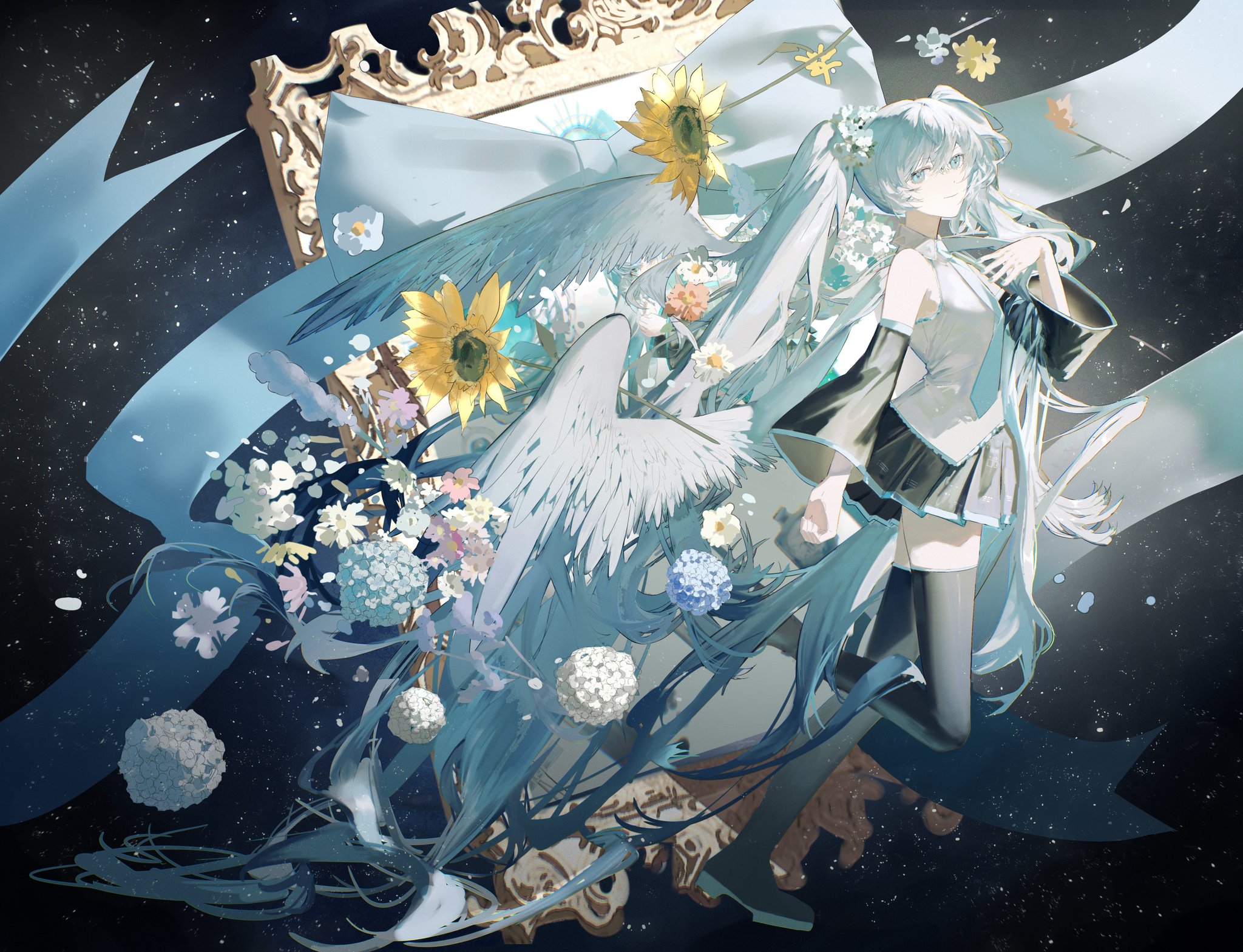 The Big ImageBoard (TBIB) - 1girl absurdly long hair angel wings bangs black background black ...