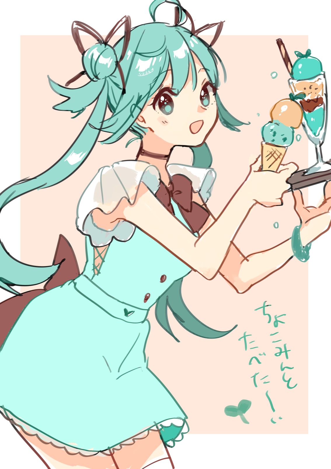 The Big ImageBoard (TBIB) - 1girl :d ahoge aqua dress aqua eyes aqua hair black bow black choker ...