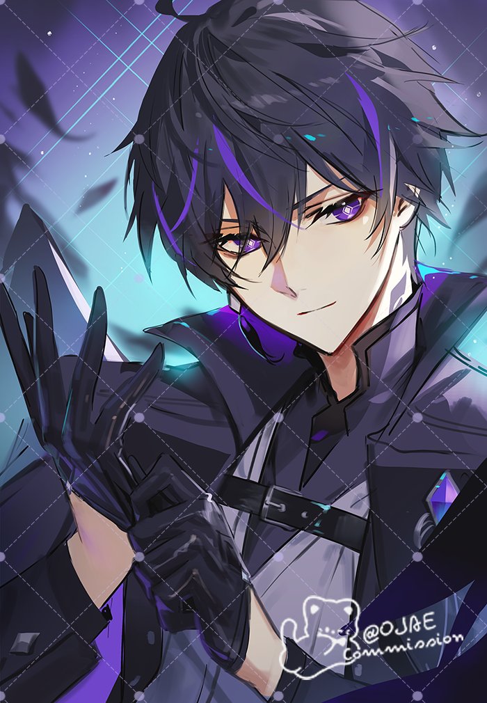 The Big ImageBoard (TBIB) - 0jae 1boy bangs bishounen black gloves black hair blue background ...