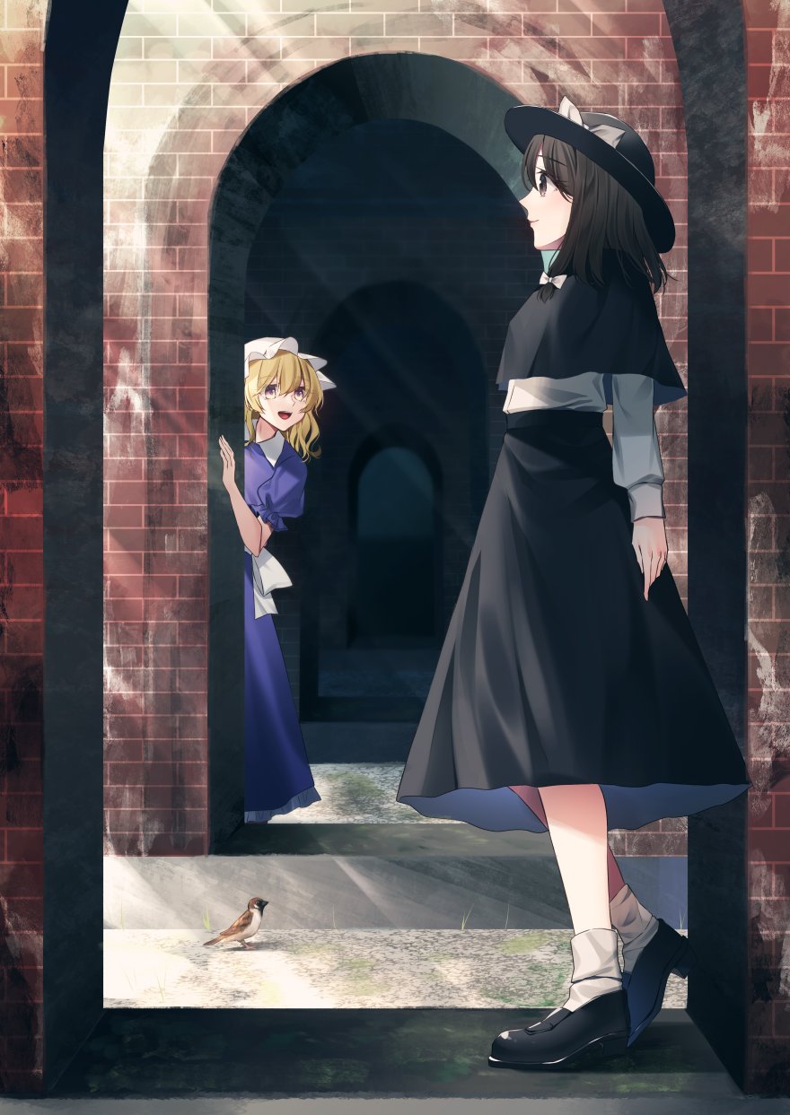 The Big ImageBoard (TBIB) - 2girls bangs bird black capelet black footwear black headwear black ...