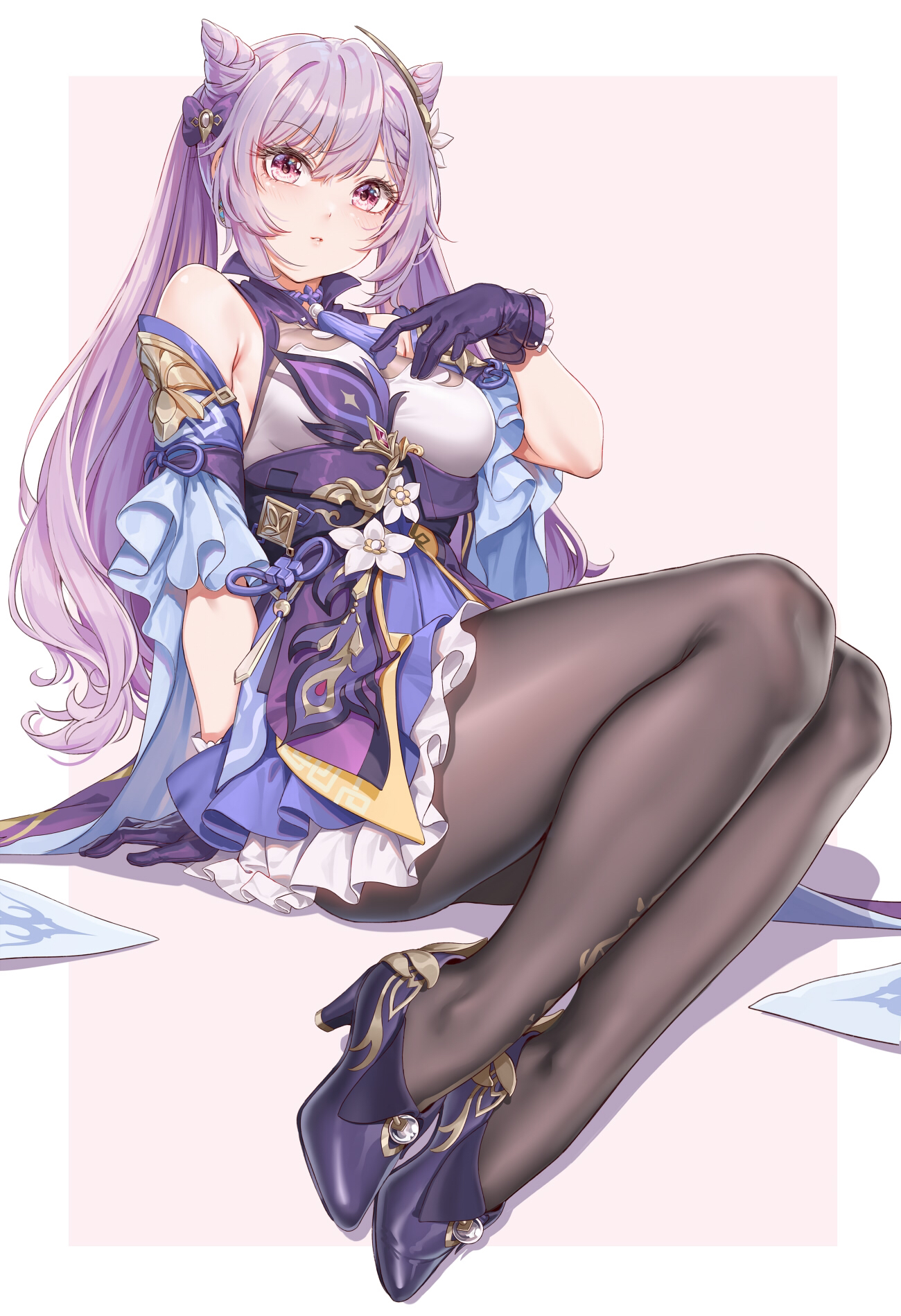 The Big ImageBoard (TBIB) - 1girl arm support bare shoulders black pantyhose blush border bow ...