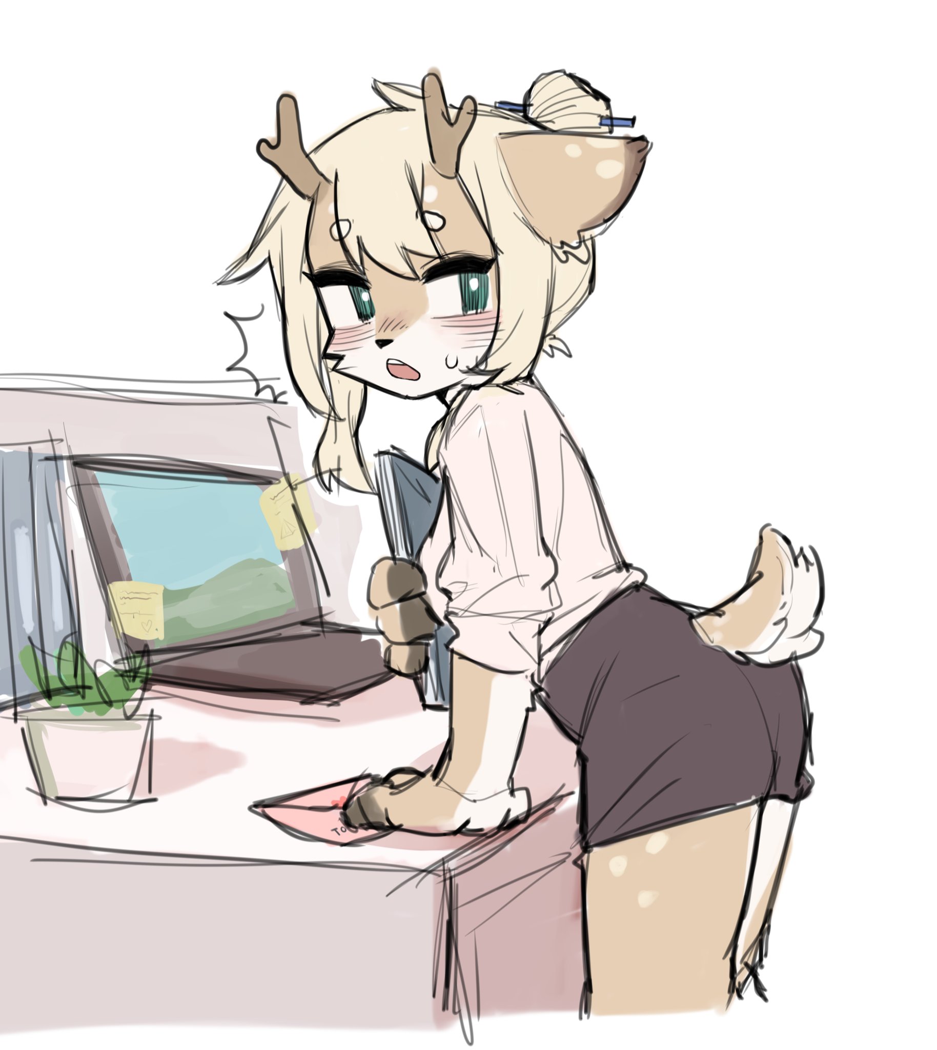 The Big Imageboard Tbib Ambiguous Gender Anthro Blonde Hair Blush Cervid Clothed Clothing