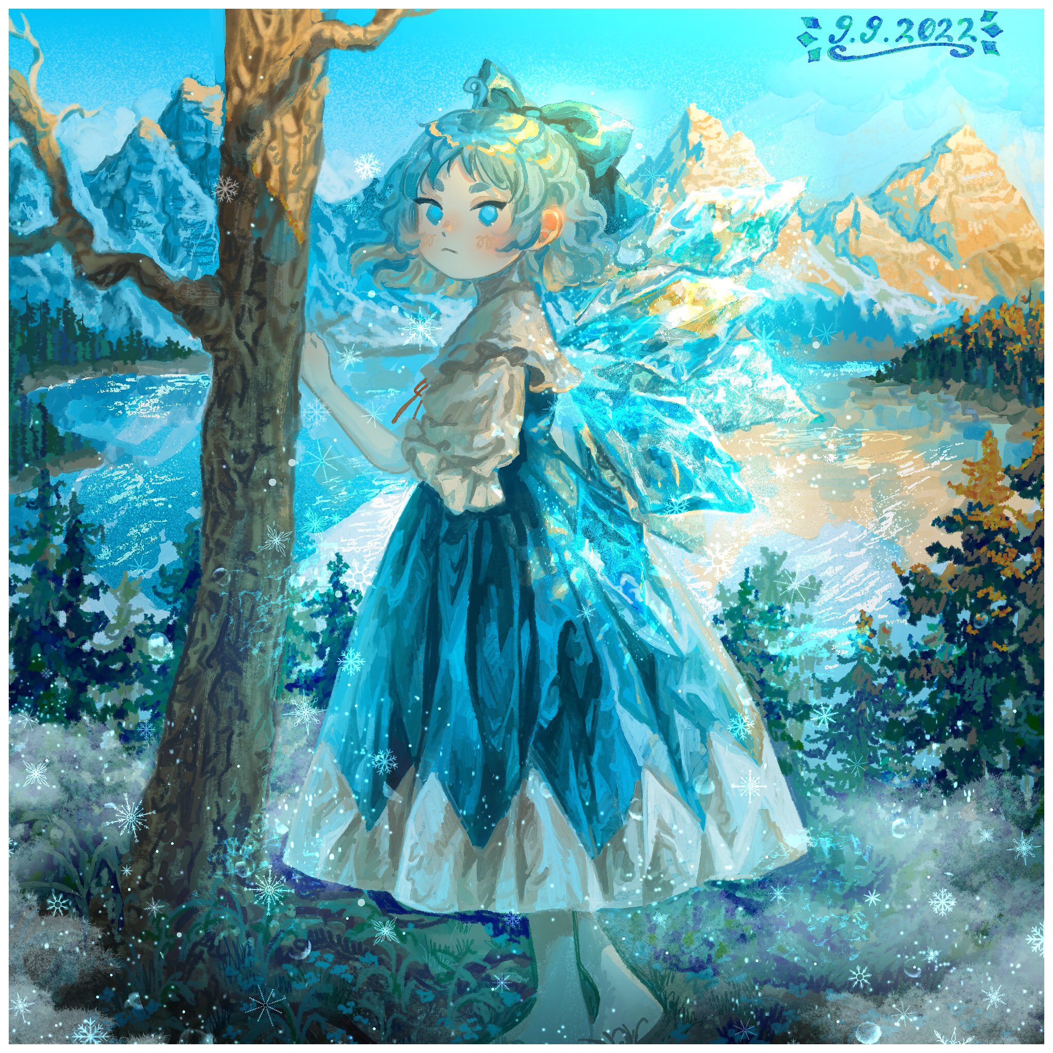 The Big Imageboard Tbib 1girl Bangs Barefoot Blue Bow Blue Dress Blue Eyes Blue Hair Bow