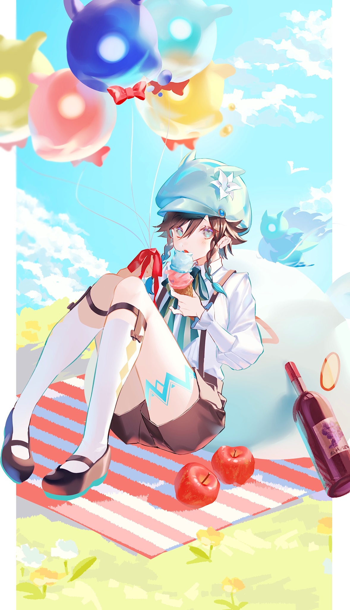 The Big ImageBoard (TBIB) - 1boy alternate costume apple balloon bangs black footwear black hair ...