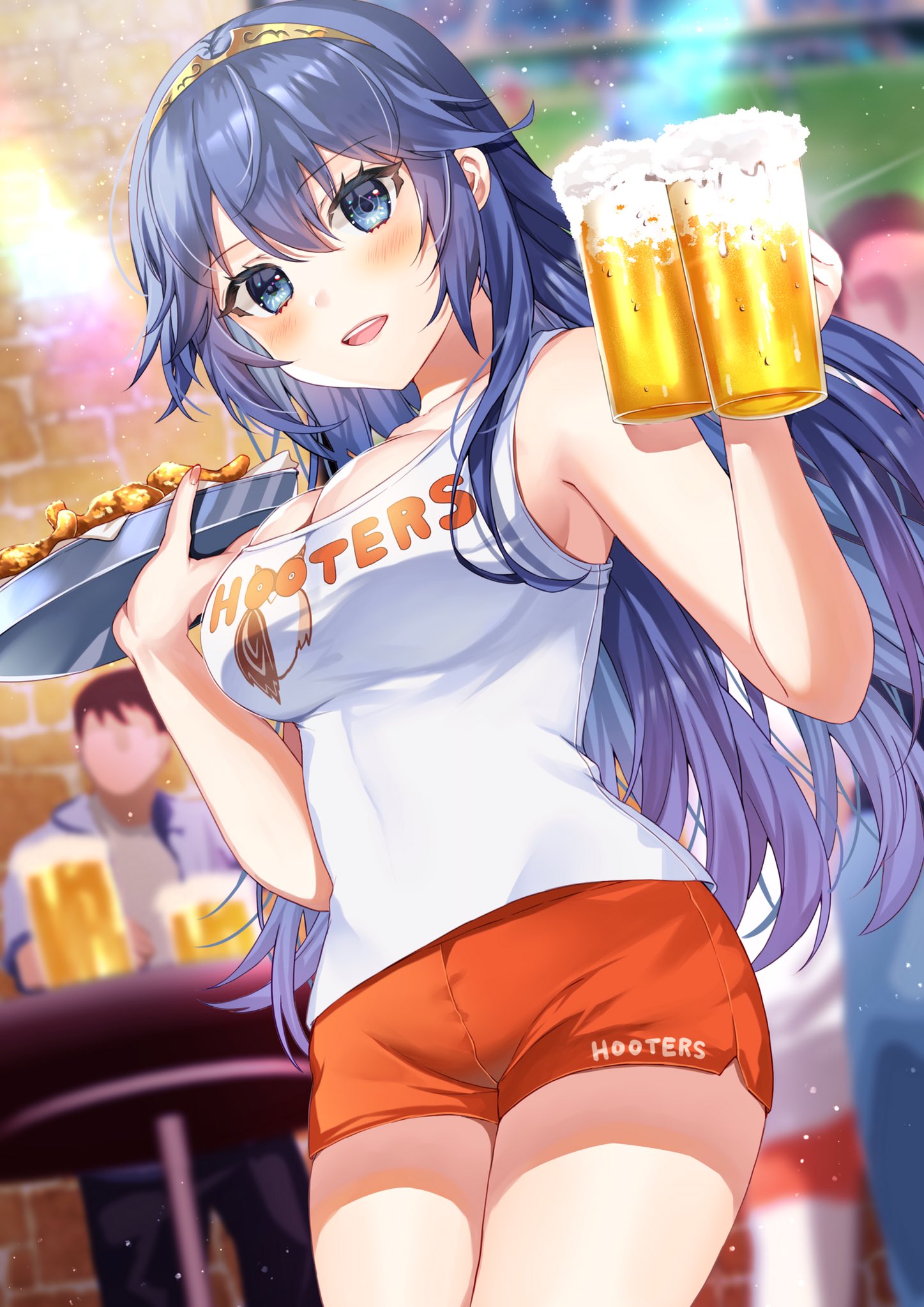 The Big ImageBoard (TBIB) - 1boy 1girl alcohol alternate costume bangs beer blue eyes blue hair ...