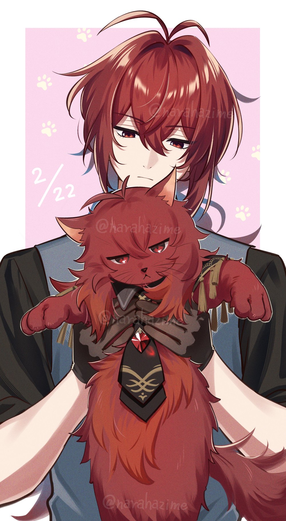 The Big ImageBoard (TBIB) - 1boy animal black shirt brown gloves brown necktie carrying cat cat ...