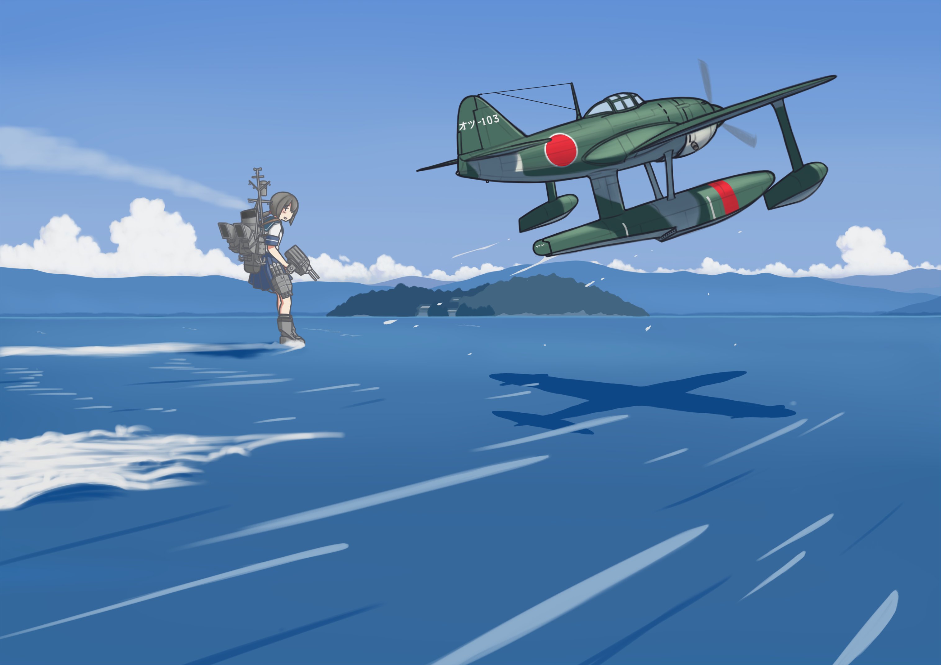 The Big ImageBoard (TBIB) - 1girl aircraft airplane blue sailor collar blue skirt blush cloud ...