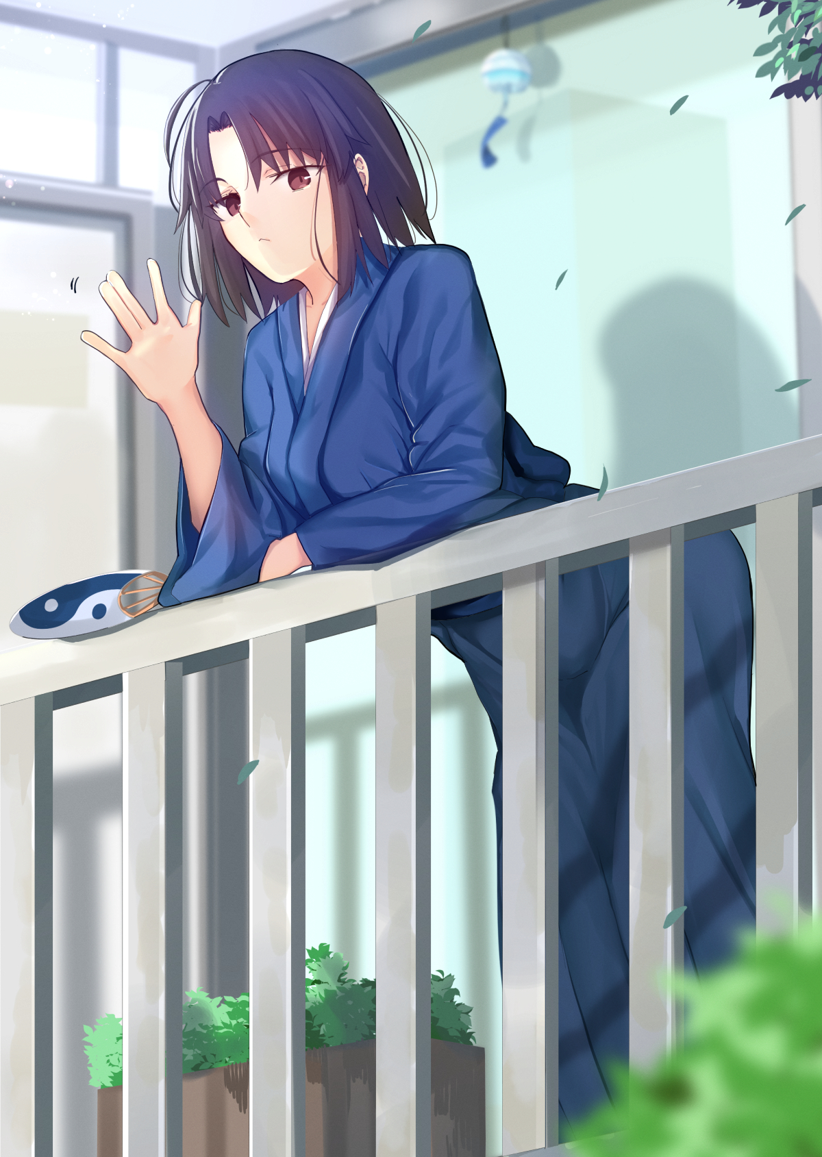 The Big ImageBoard (TBIB) - 1girl black hair blue kimono blurry blurry background brown hair ...