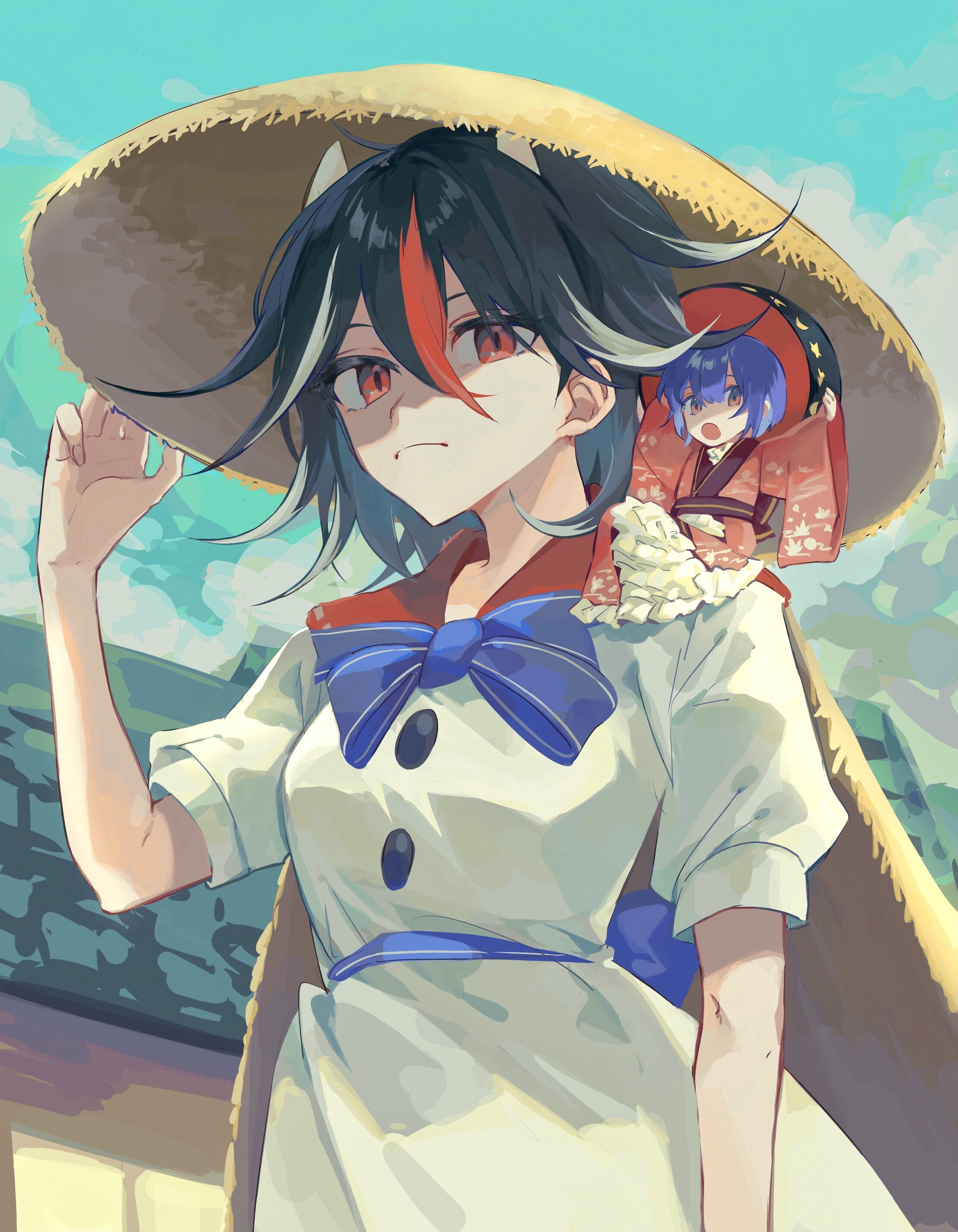 The Big ImageBoard (TBIB) - 2girls absurdres black hair blue bow blue bowtie blue sash bow bowl ...